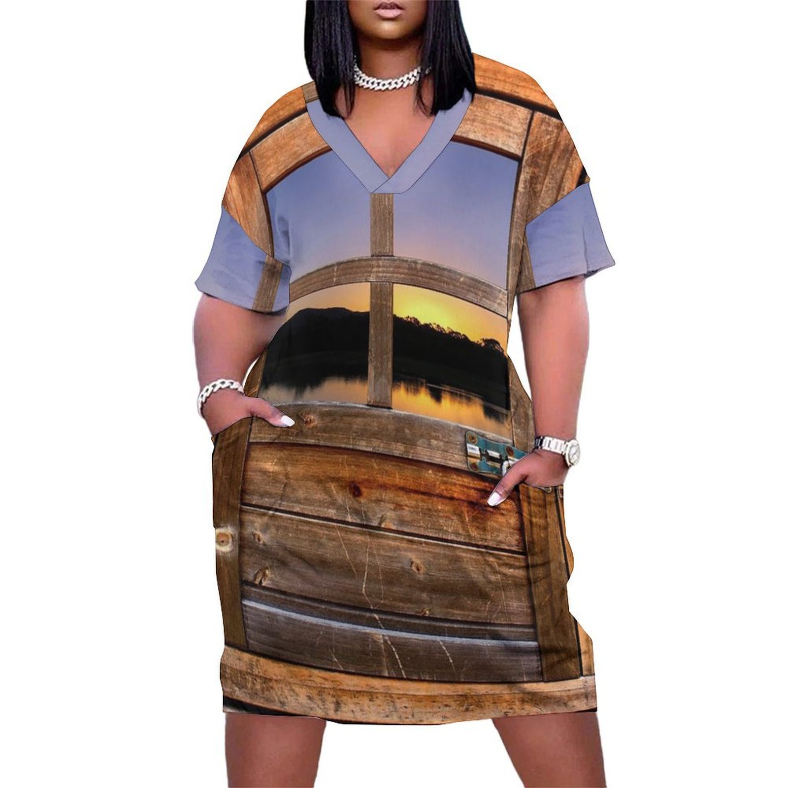 Timber Door with Window To Sunset And River Stock Loose Pocket Dress ...