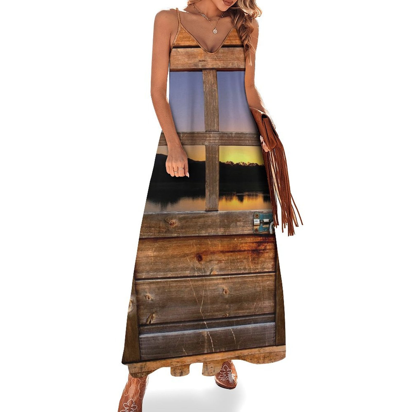 Timber Door with Window To Sunset And River Stock Sleeveless Dress ...