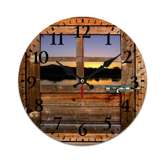 Timber Door with Window To Sunset And River Stock Wall Clock Modern ...
