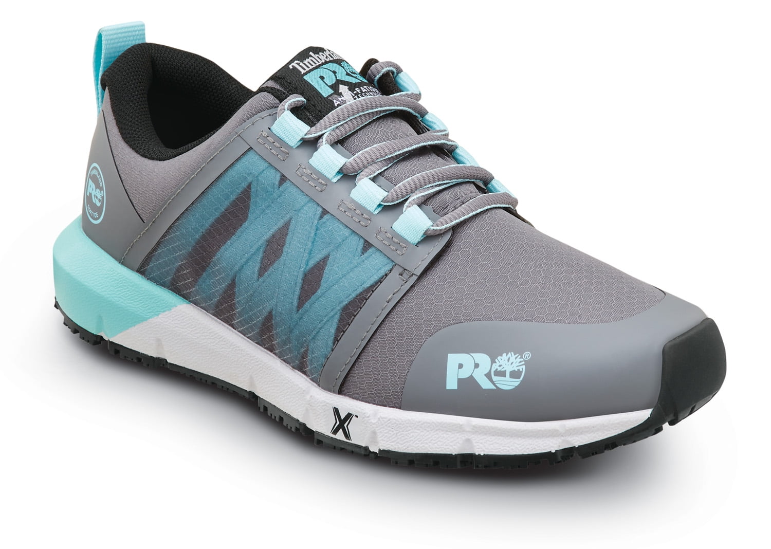 Timberland PRO Radius, Women's, Steel Grey/Aruba Blue, Soft Toe, EH, MaxTRAX Slip Resistant ...