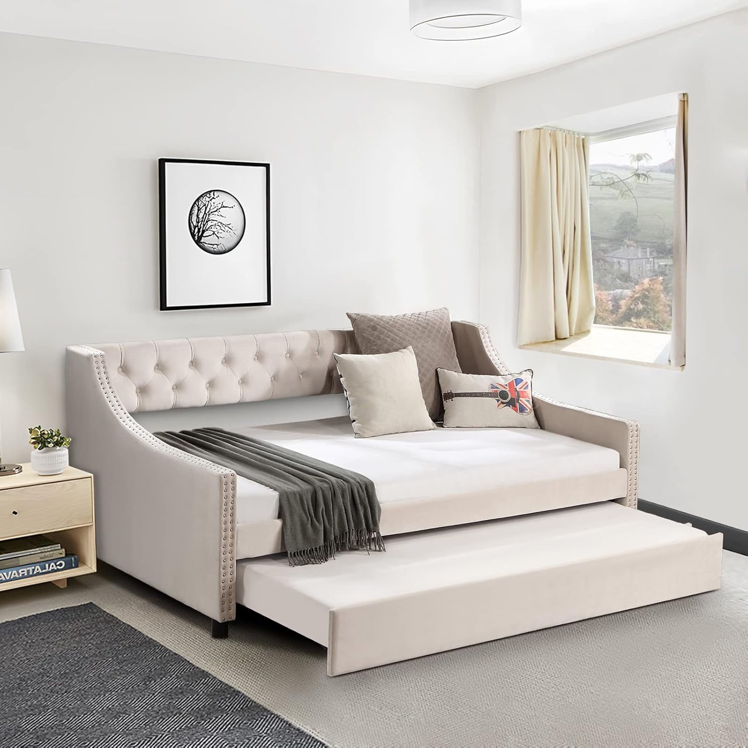 Timbernest Full Size Daybed with Trundle, Upholstered Sofa Bed Frame ...