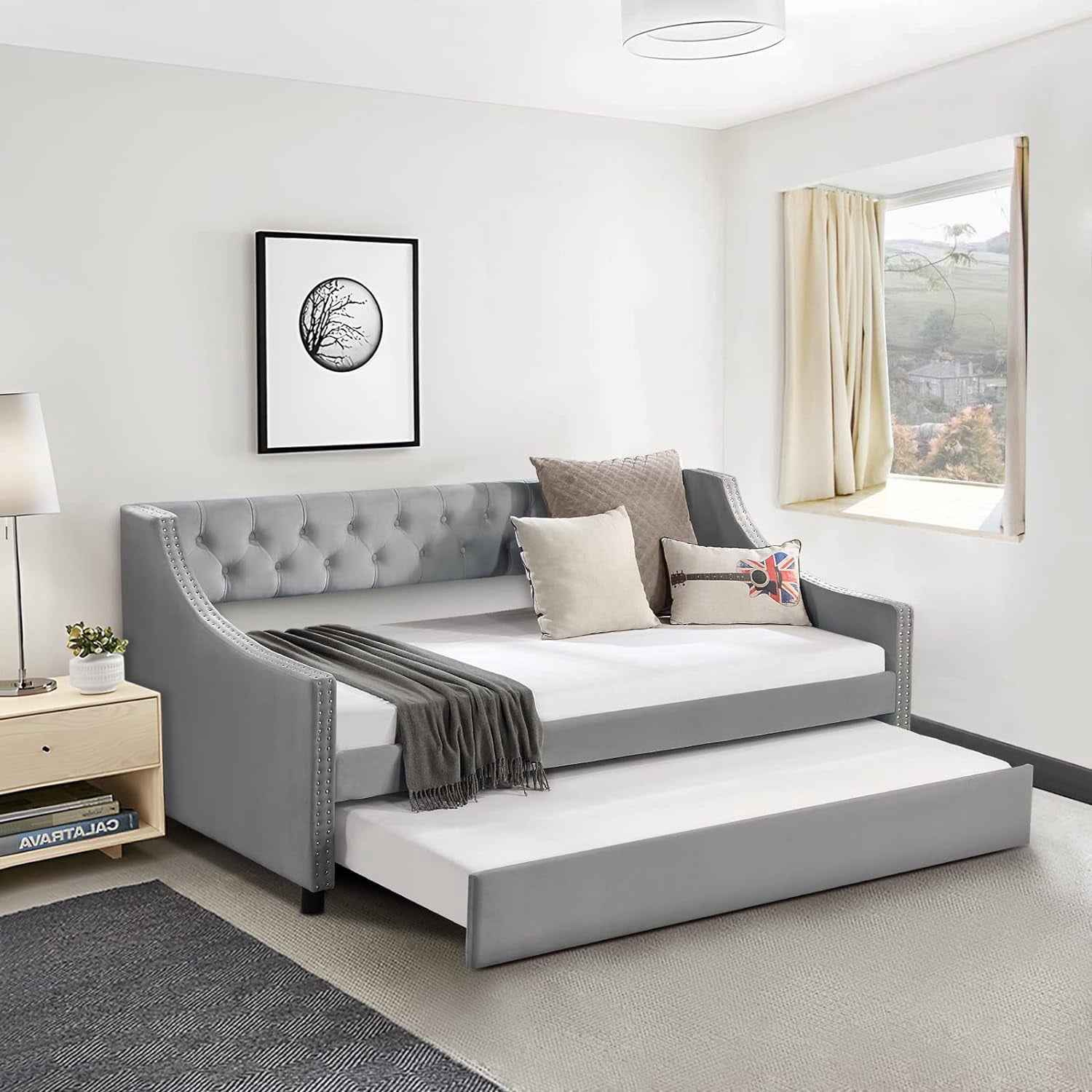 Timbernest Twin Size Daybed with Trundle, Upholstered Sofa Bed Frame ...