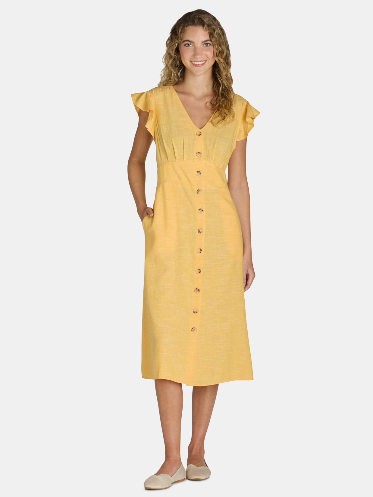 Time And Tru Classic Fit Short Flutter Sleeve Sunstreak Yellow Midi ...