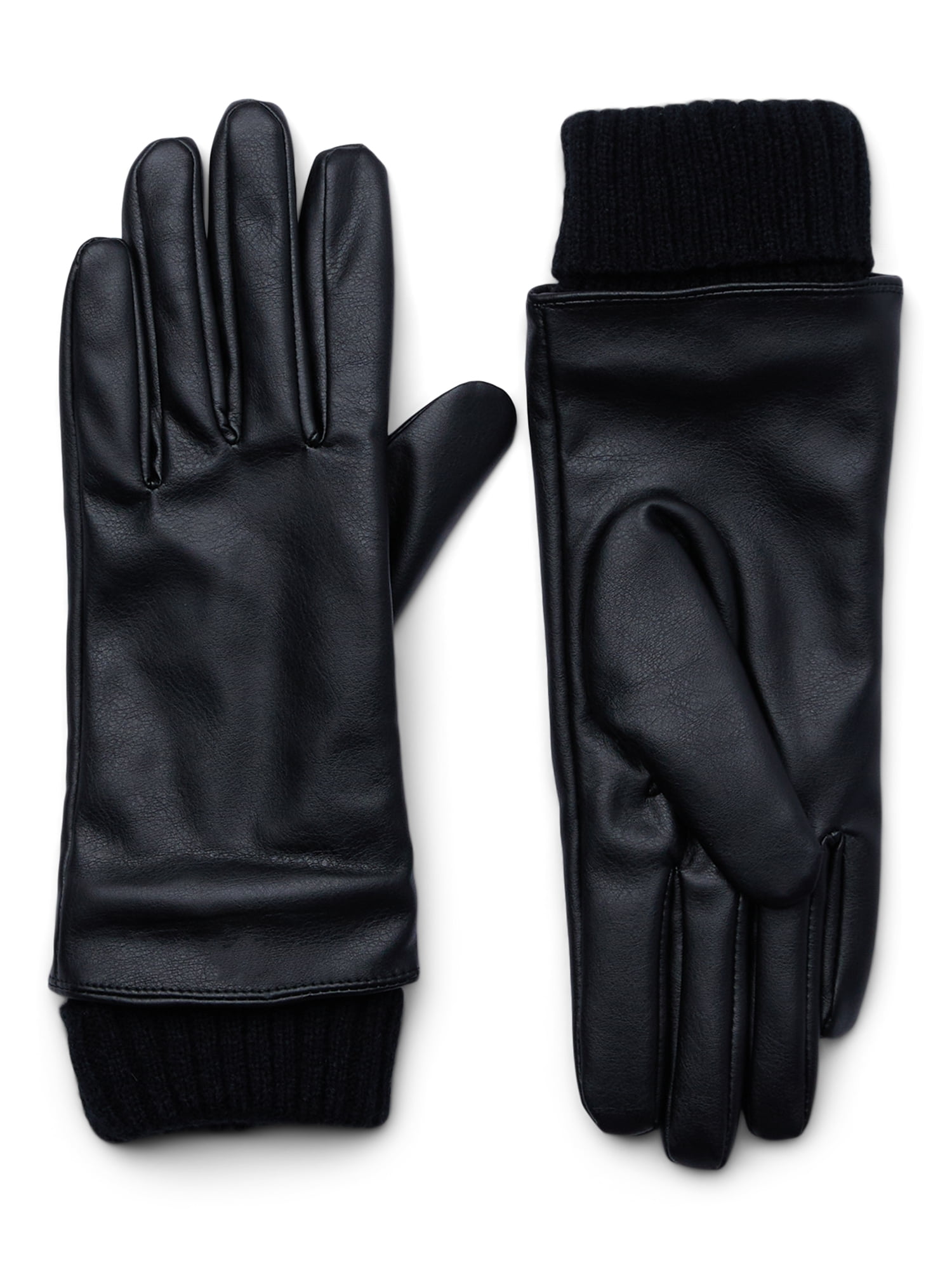 Time and Tru Women’s Faux Leather Gloves with Knit Cuffs, S/M, Black - Walmart.com