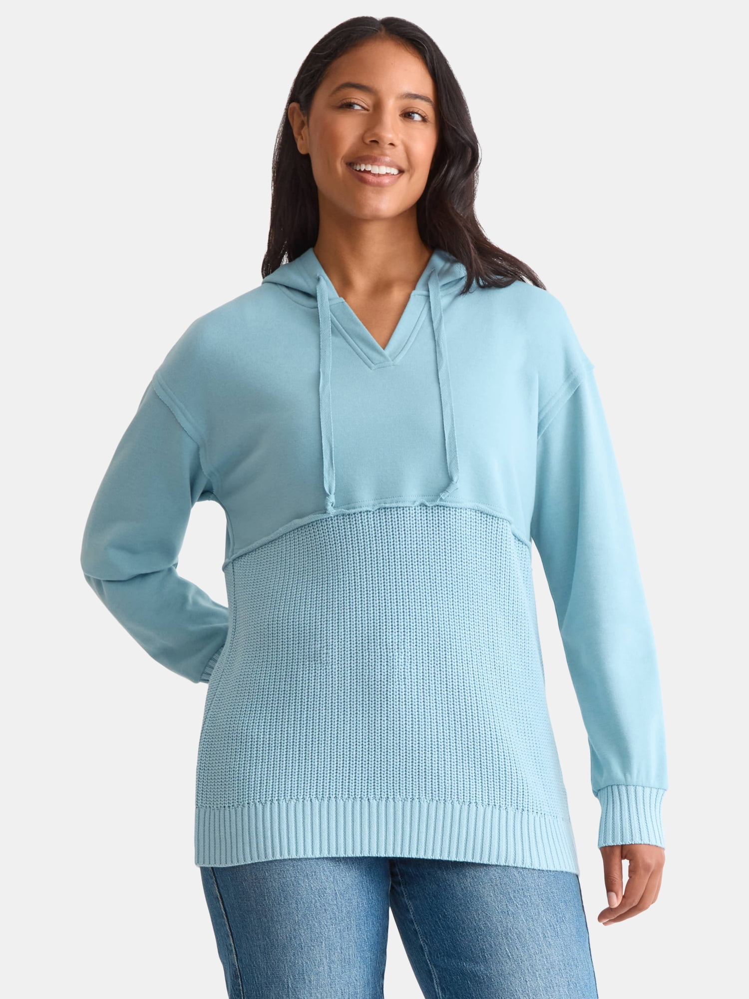Time and Tru Women's and Women's Plus Fashion Mixed Media Hoodie, Sizes ...