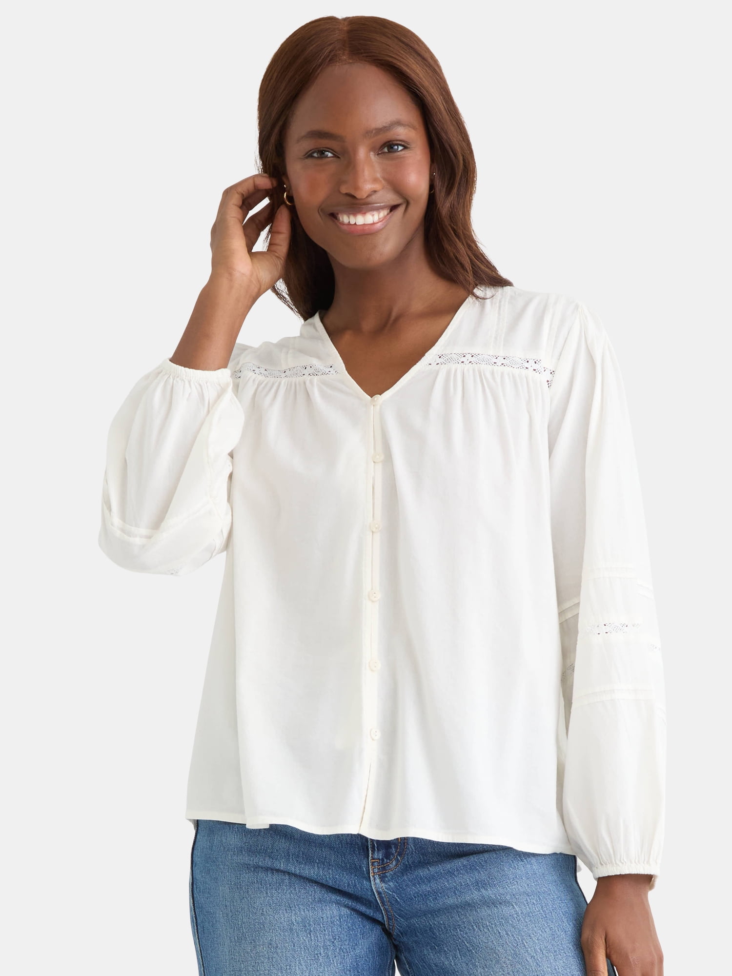 Time and Tru Women's Lace Inset Blouse with Long Sleeves, Sizes XS-XXXL ...