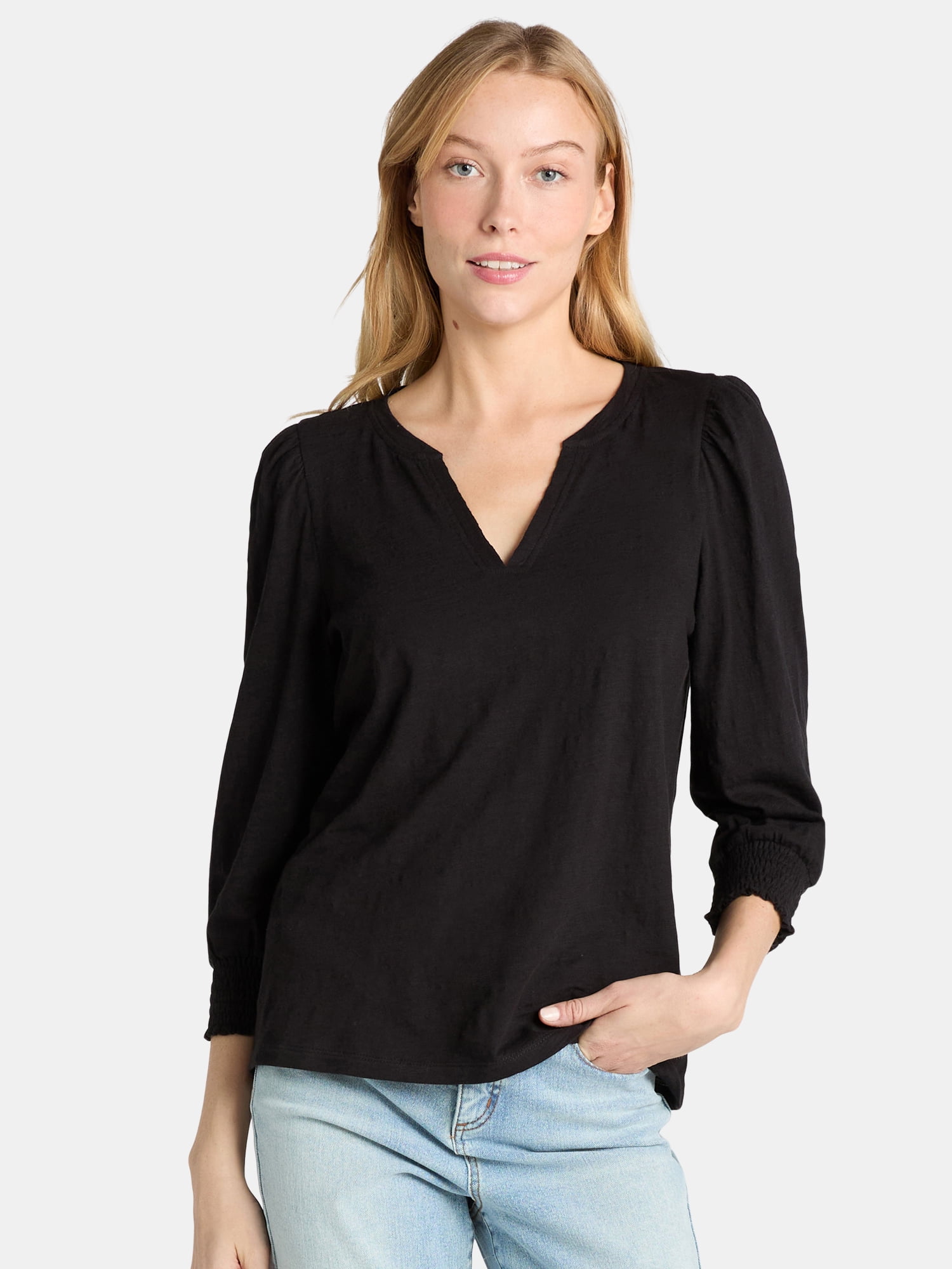 Time and Tru Women's Cotton Notch Neck Top, Sizes XS-XXXL - Walmart.com