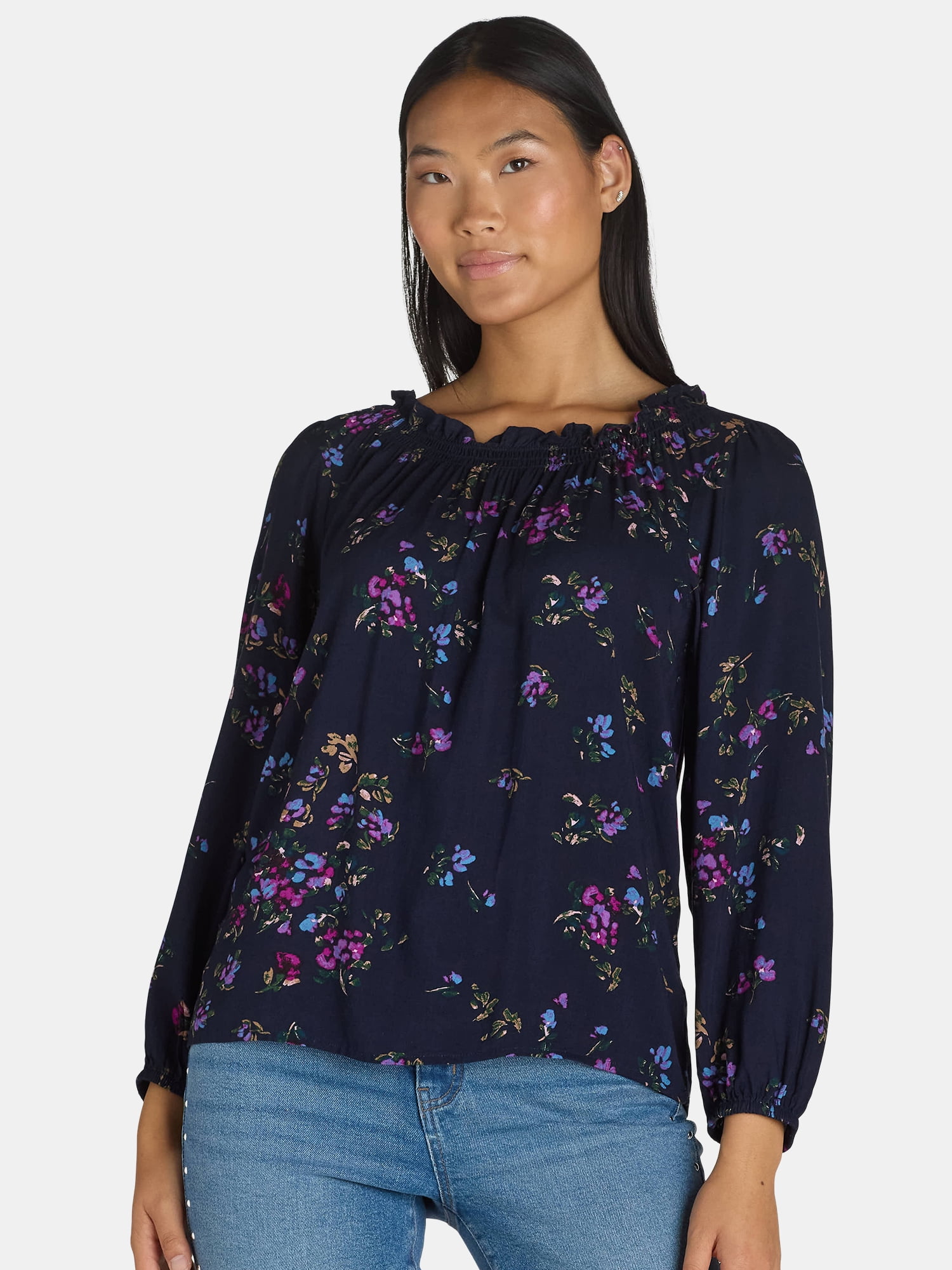 Time & Tru Women's Ruffle Neck Blouse with Keyhole Back, Sizes S-XXXL ...