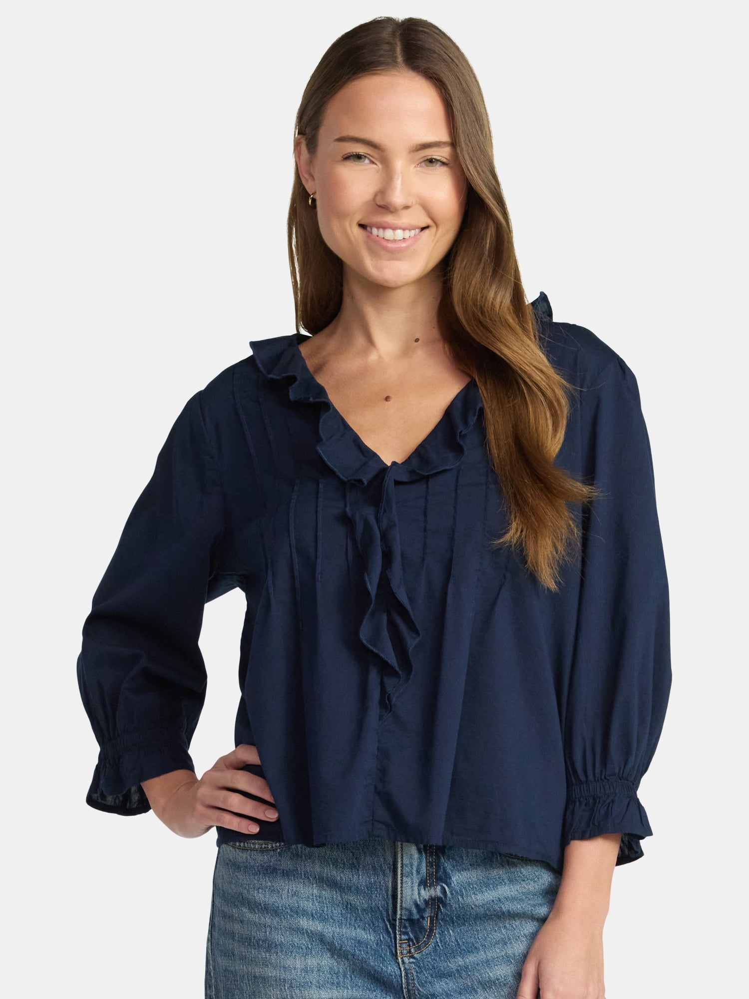 Time and Tru Women's Ruffle Neck Blouse with 3/4-Length Sleeves, Sizes ...
