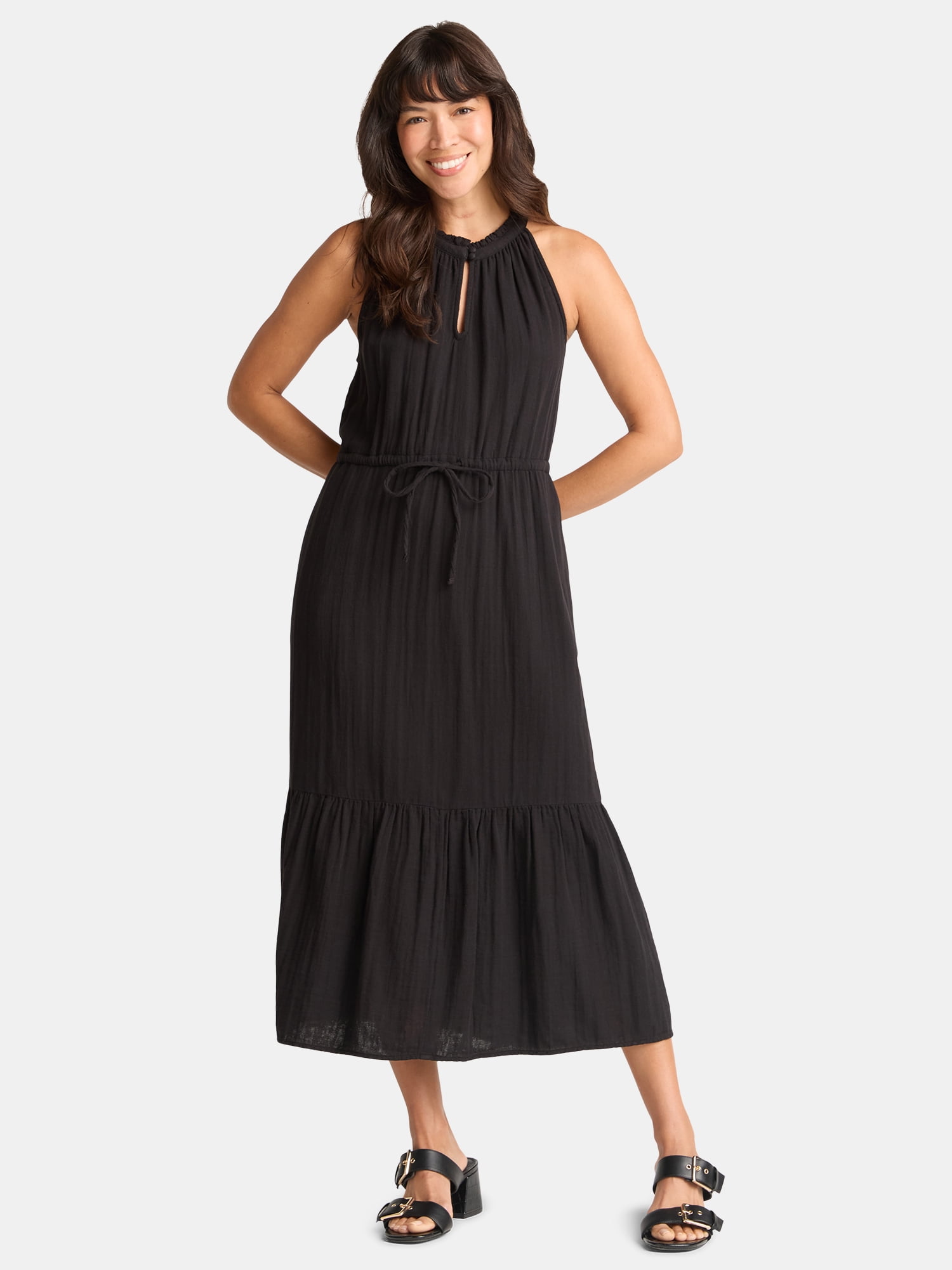Time and Tru Women's Cotton Double Cloth Tiered Midi Dress, Sizes XS ...