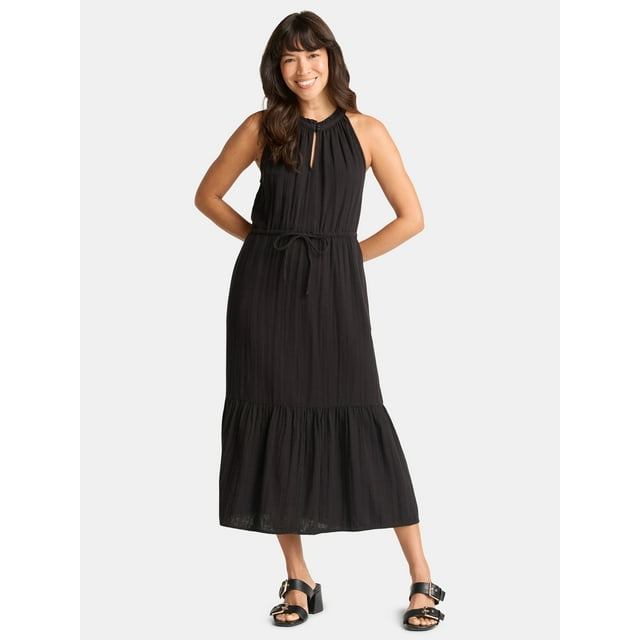 Time and Tru Women's Cotton Double Cloth Tiered Midi Dress, Sizes XS ...