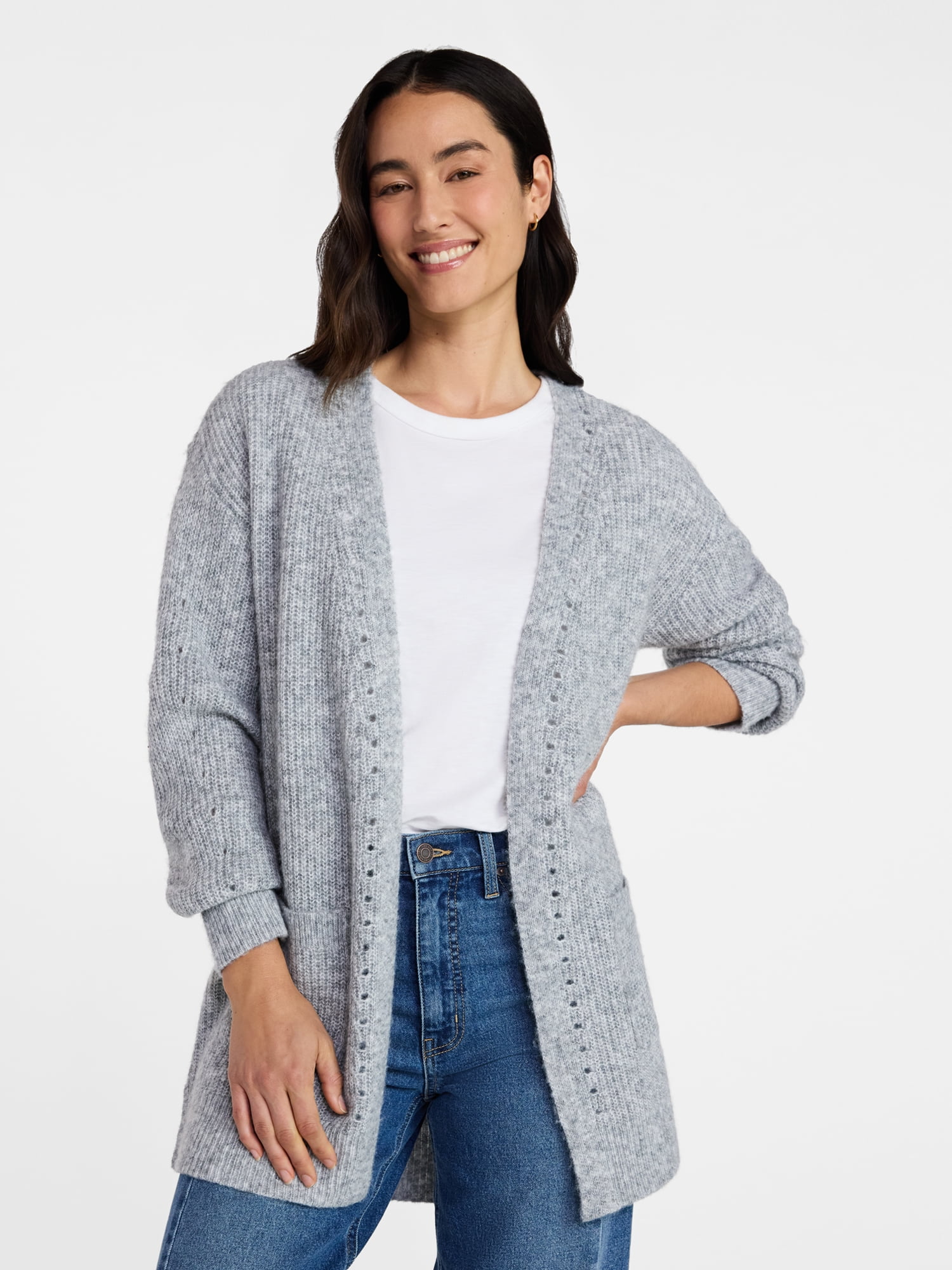 Time and Tru Women's Open Front Cardigan Sweater with Long Sleeves ...