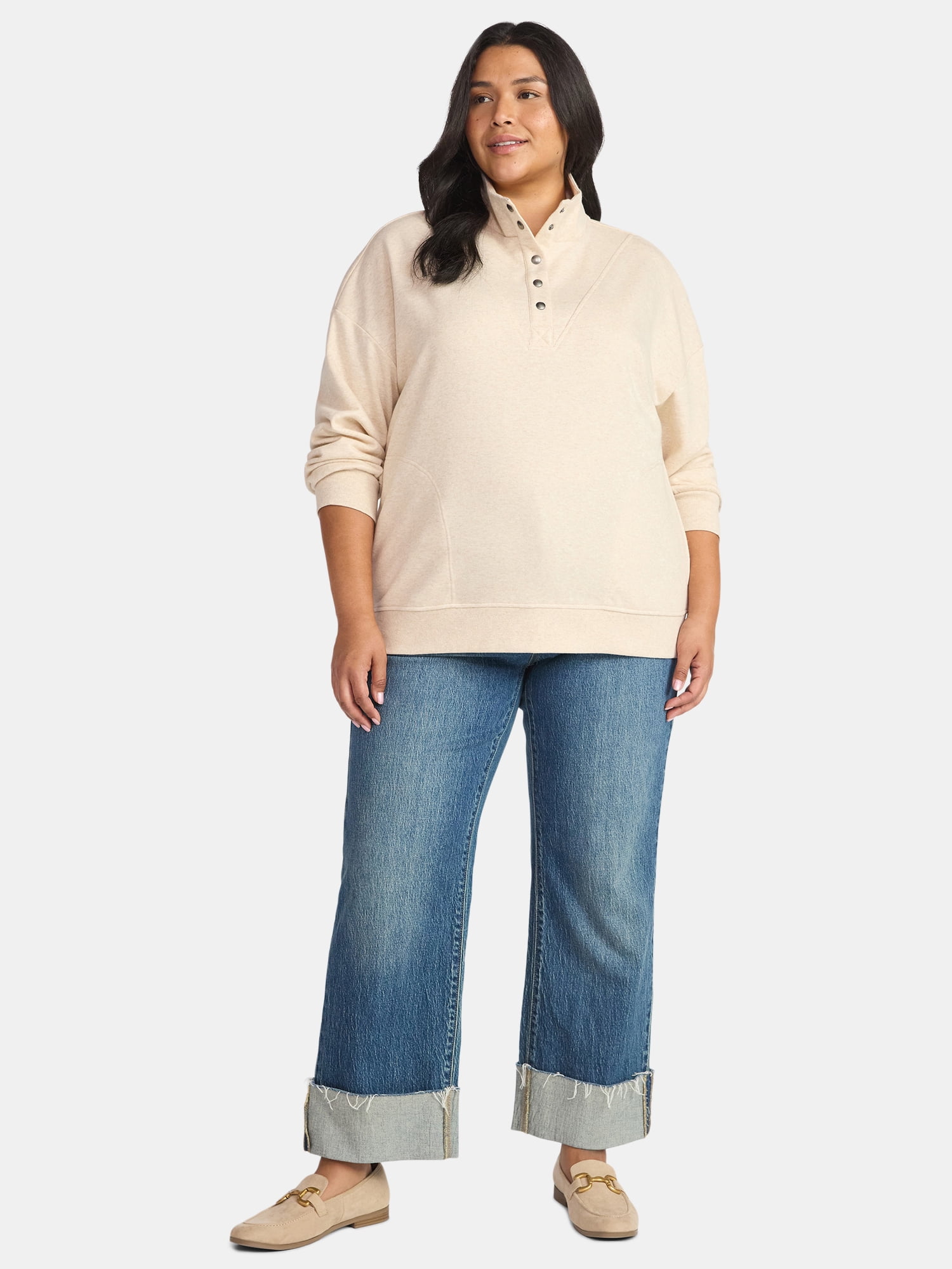Time and Tru Women's and Women's Plus Terry Snap Placket Sweatshirt ...