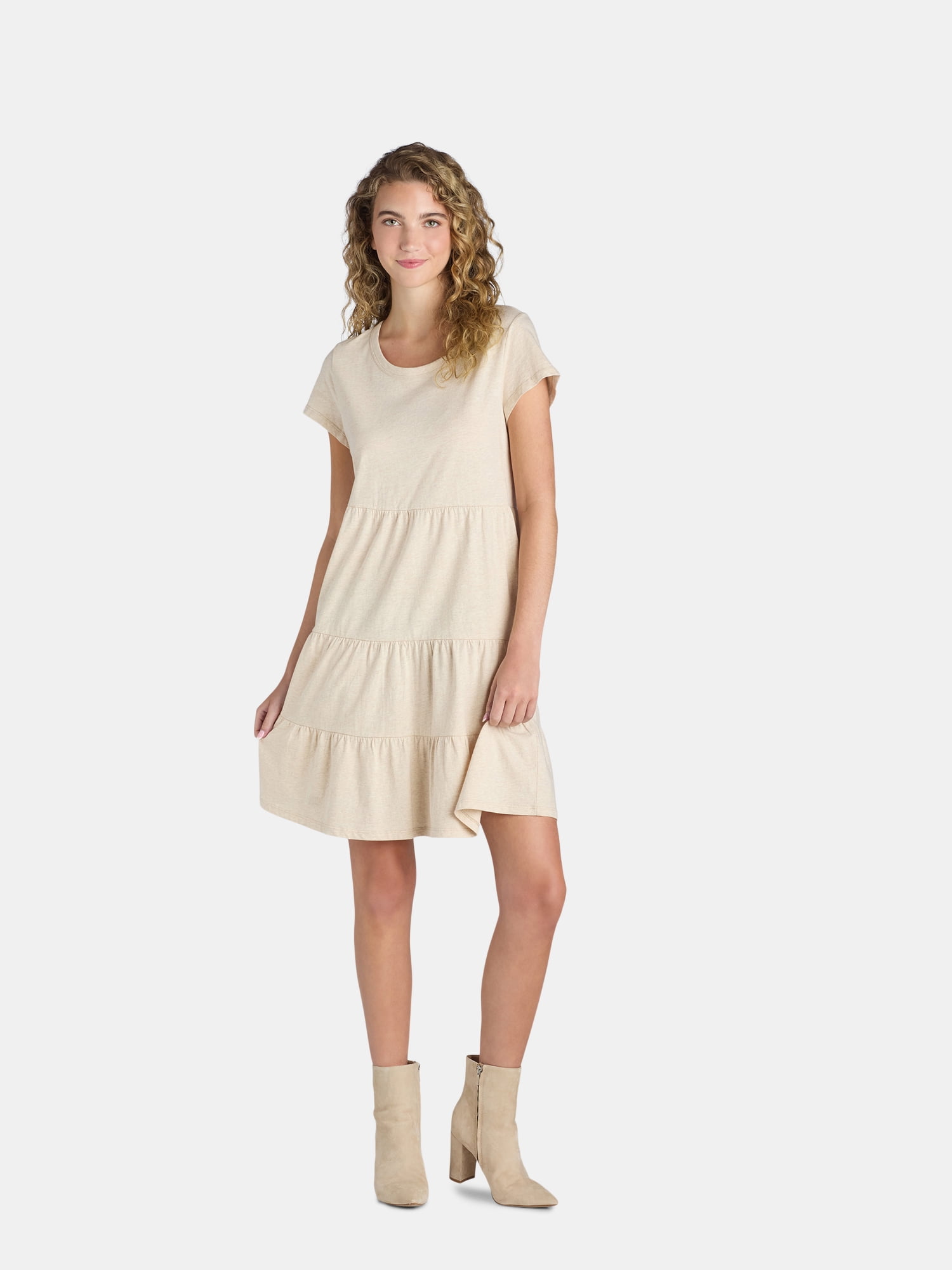 Time and Tru Women's and Women's Plus Tiered Cotton Mini Dress, Sizes ...