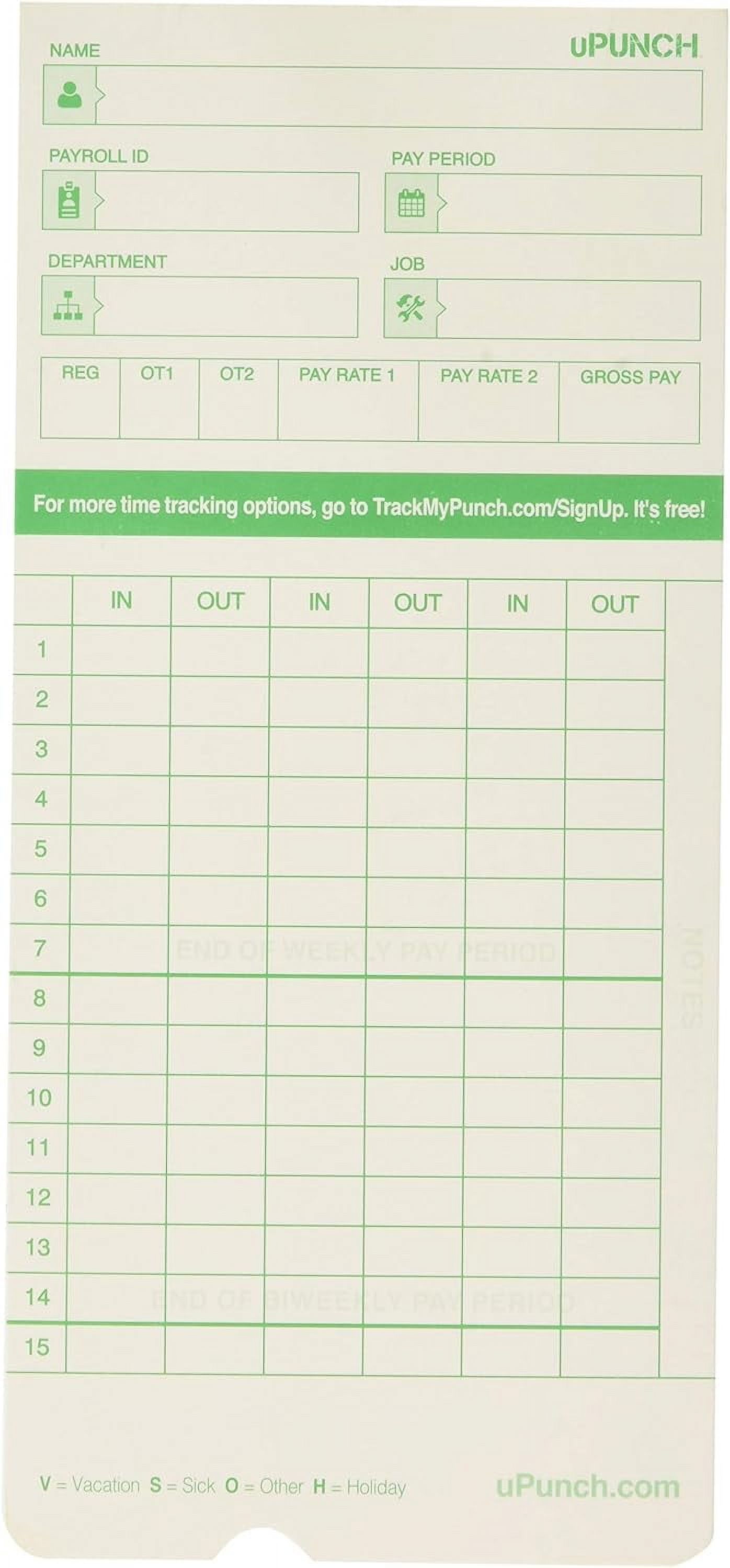 Time Card for uPunch HN1000, HN3000, HN3600 Bundle, 100/Pk - Walmart.com