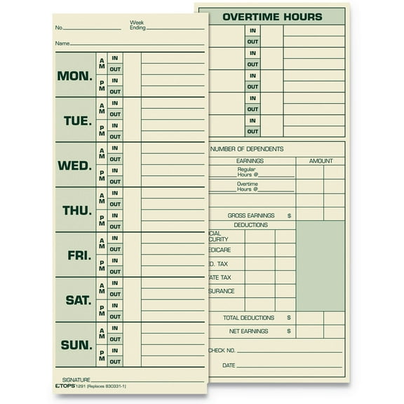 Time Clock Cards, Replacement For 10-100382/1950-9631, Two Sides, 3.5 X ...