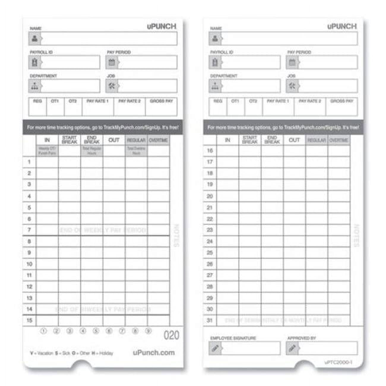 Time Clock Cards for uPunch HN4000 - Two Sides - 7.37 x 3.37 in. - Pack ...