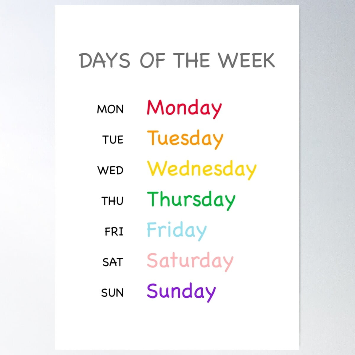 Time Educational - Days Of The Week Poster Wall Art, Modern Wall Decor ...