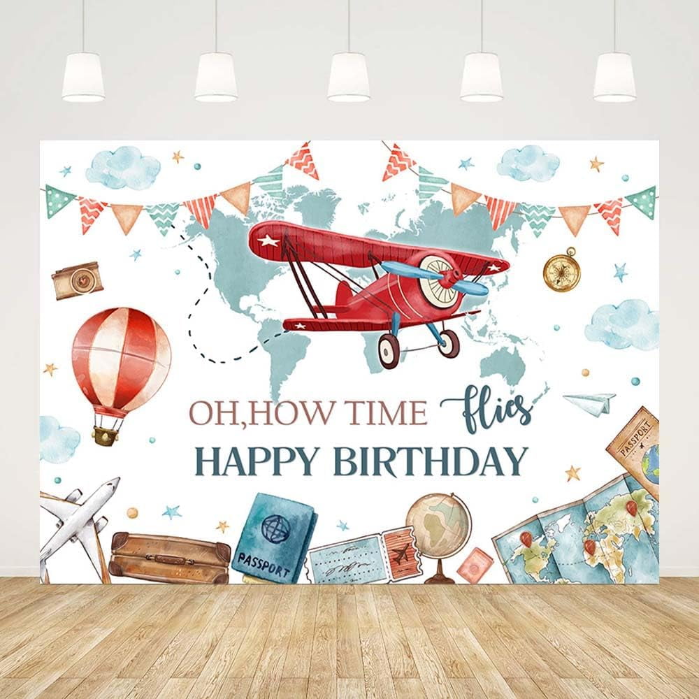 Time Flies Birthday Decorations Banner Airplane Birthday Backdrop How ...