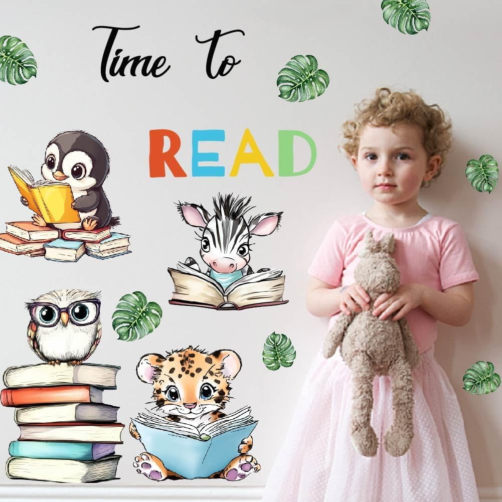 Time to Read Animal Book Wall Sticker Educational Animals Reading Wall ...