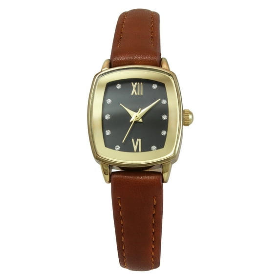 Time and Tru Ladies Gold Tone Cushion Shape Watch with Brown Strap and ...