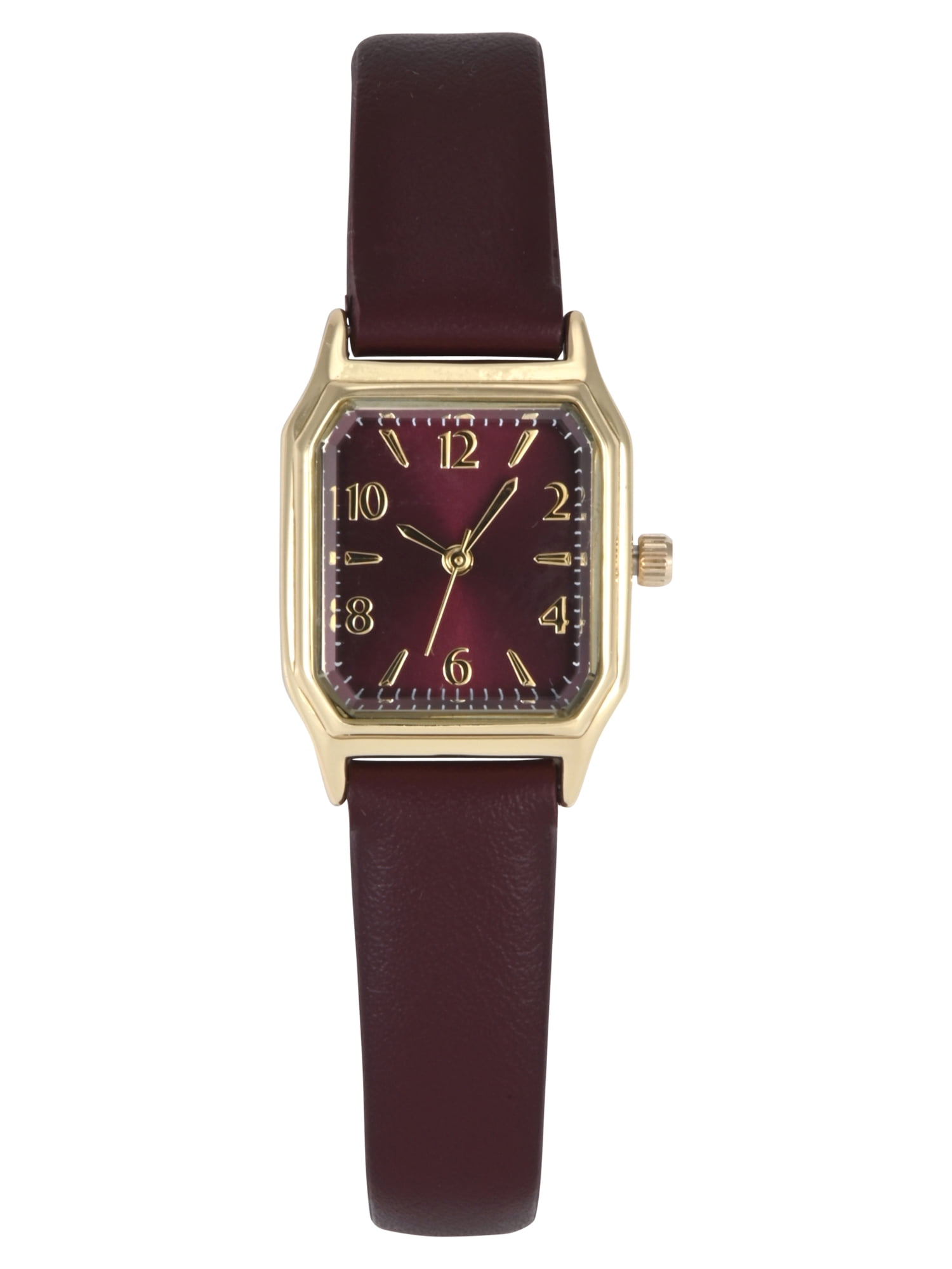 Time & Tru Ladies Goldtone Facet Cut Square Case with Burgundy PU Strap ...