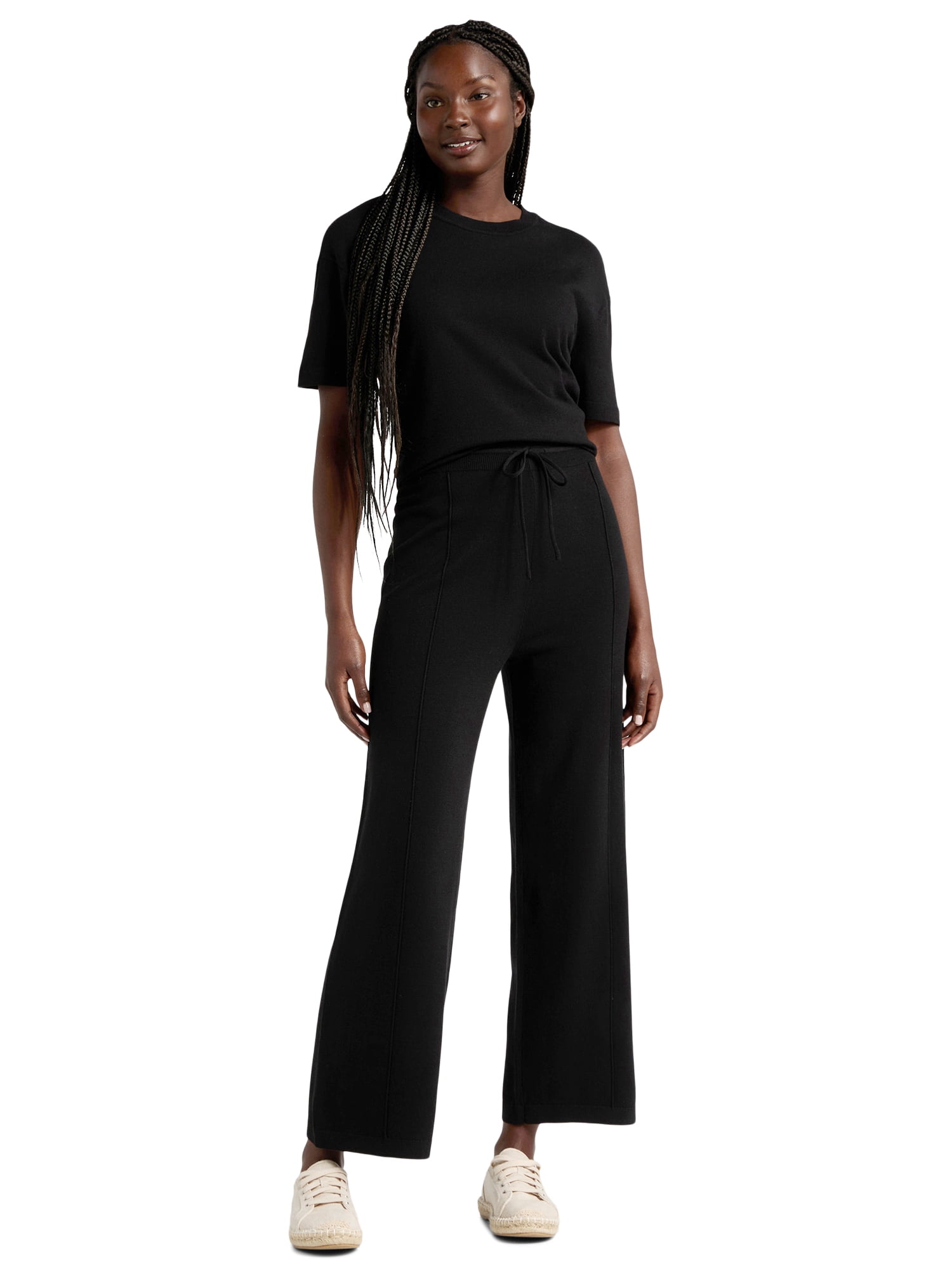 Time & Tru Women's 2-Piece Short Sleeve Sweater and Wide Leg Pant Set ...