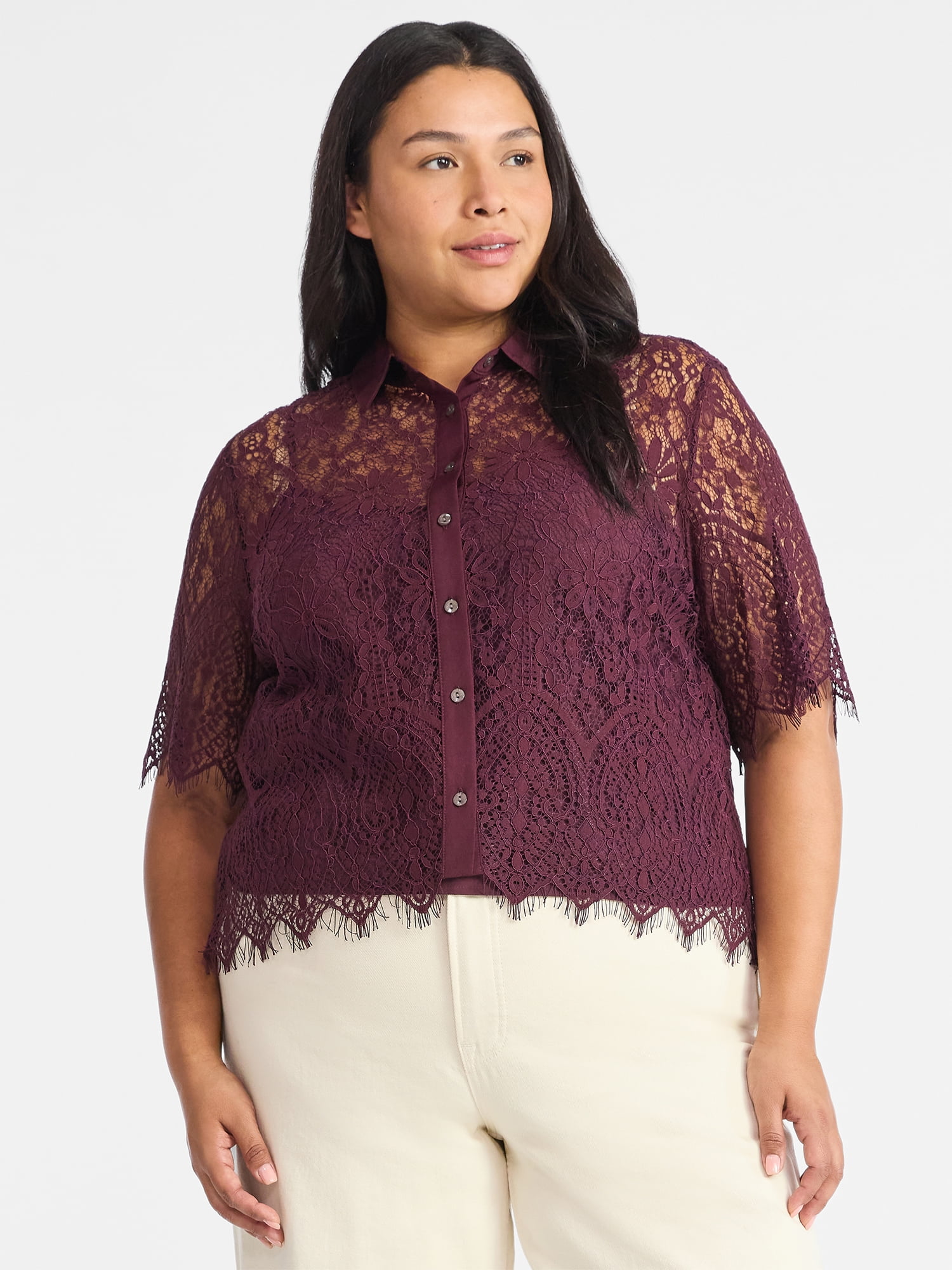 Time and Tru Women's Button Up Lace Blouse with Short Sleeves, Sizes XS ...