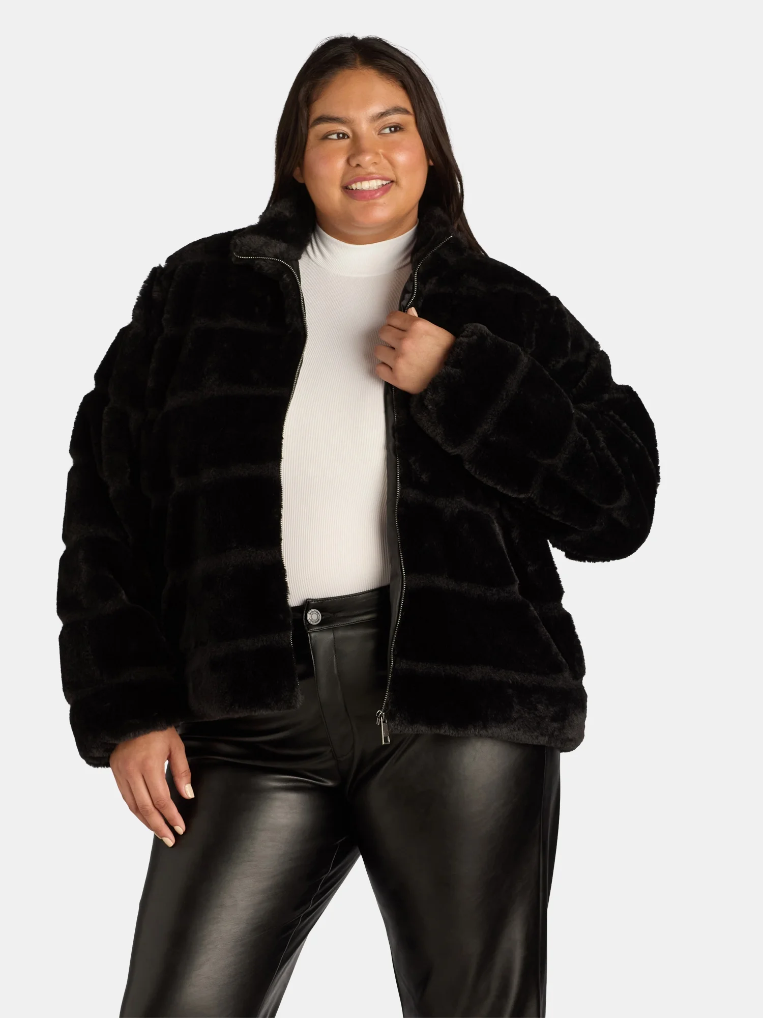 Time and Tru Women's and Women's Plus Faux Fur Channel Jacket, Sizes XS ...