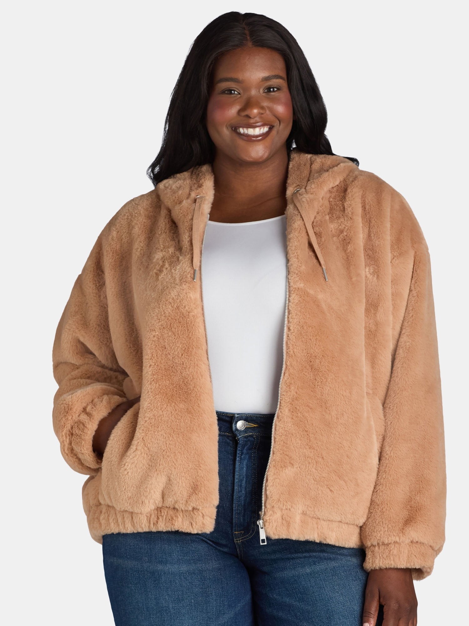 Time and Tru Women's and Women’s Plus Faux Fur Zip Hoodie, Sizes XS-3X ...
