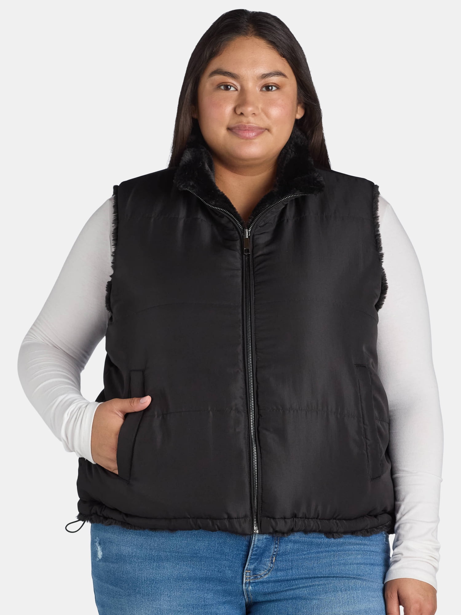 Time and Tru Women’s Plus Size Faux Fur/Puffer Reversible Vest ...