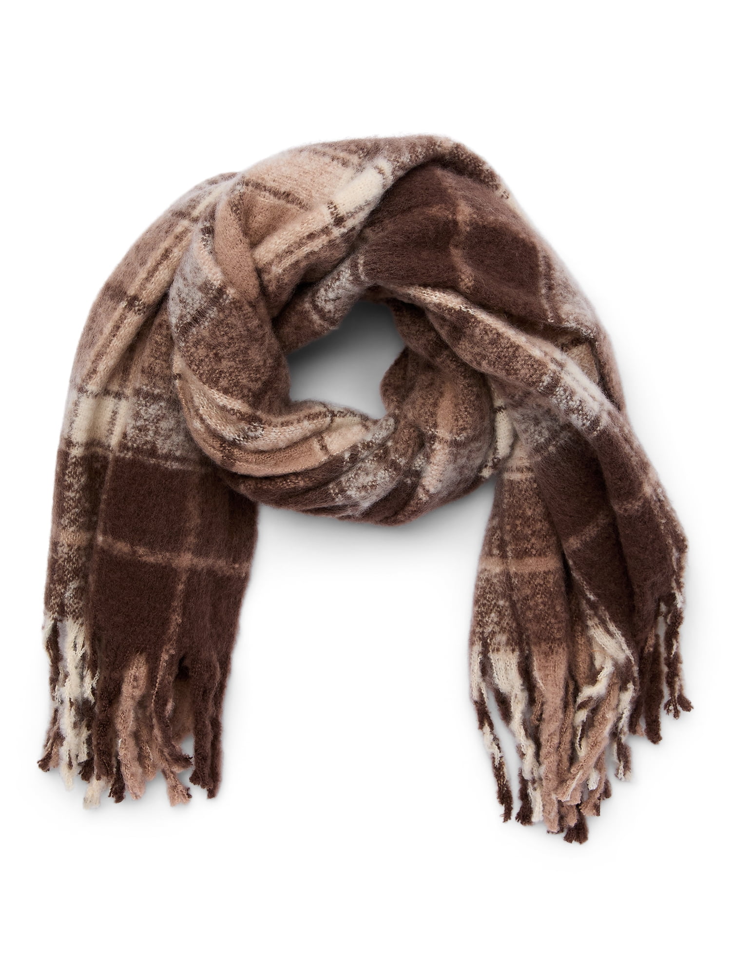 Time and Tru Women's Fringed Plaid Winter Scarf, Tan - Walmart.com