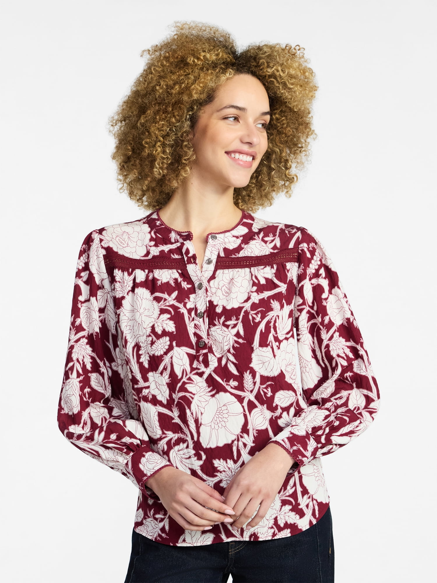 Time and Tru Women's Lace Yoke Shirt with Long Sleeves Sizes XS-XXXL ...