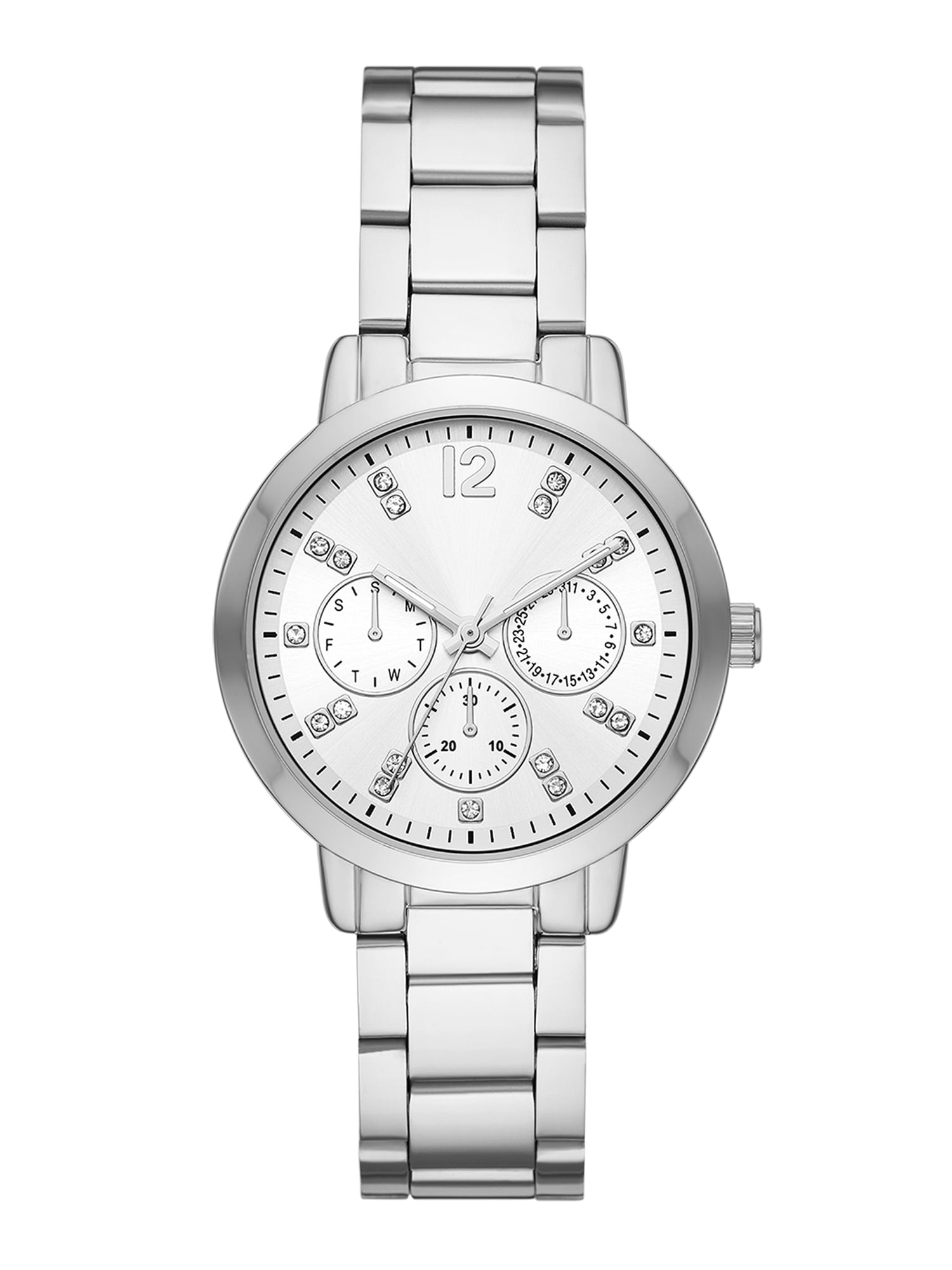 Time and Tru Women's Silver Tone Watch, Round Case, Sunray Dial with 3 ...