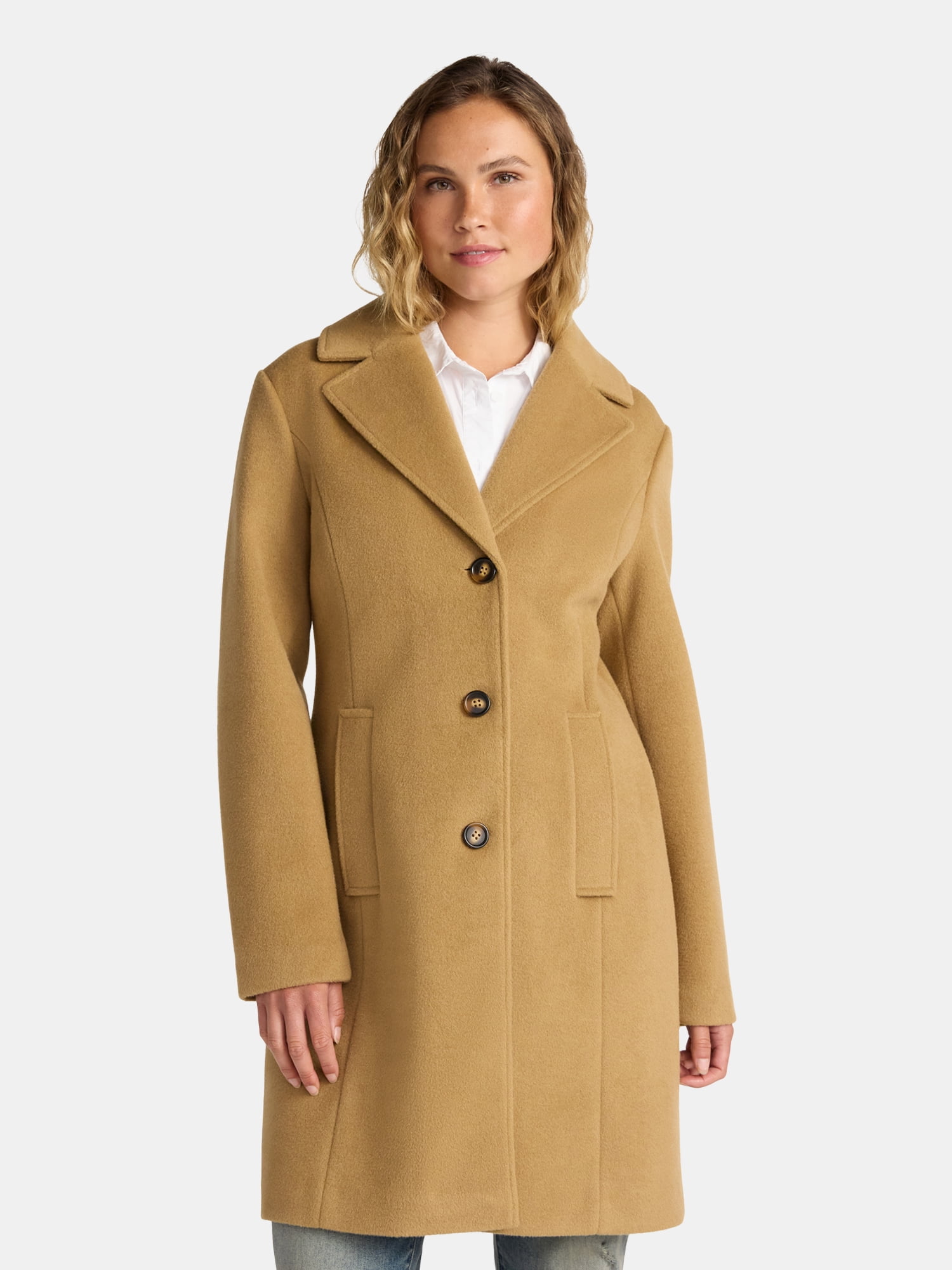 Time and Tru Women's and Women's Plus Faux Wool Boyfriend Coat, Sizes ...