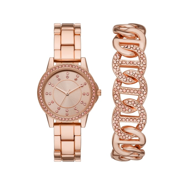 Time & Tru Women's Wristwatch Set: Rose Gold Tone Watch and Bracelet ...