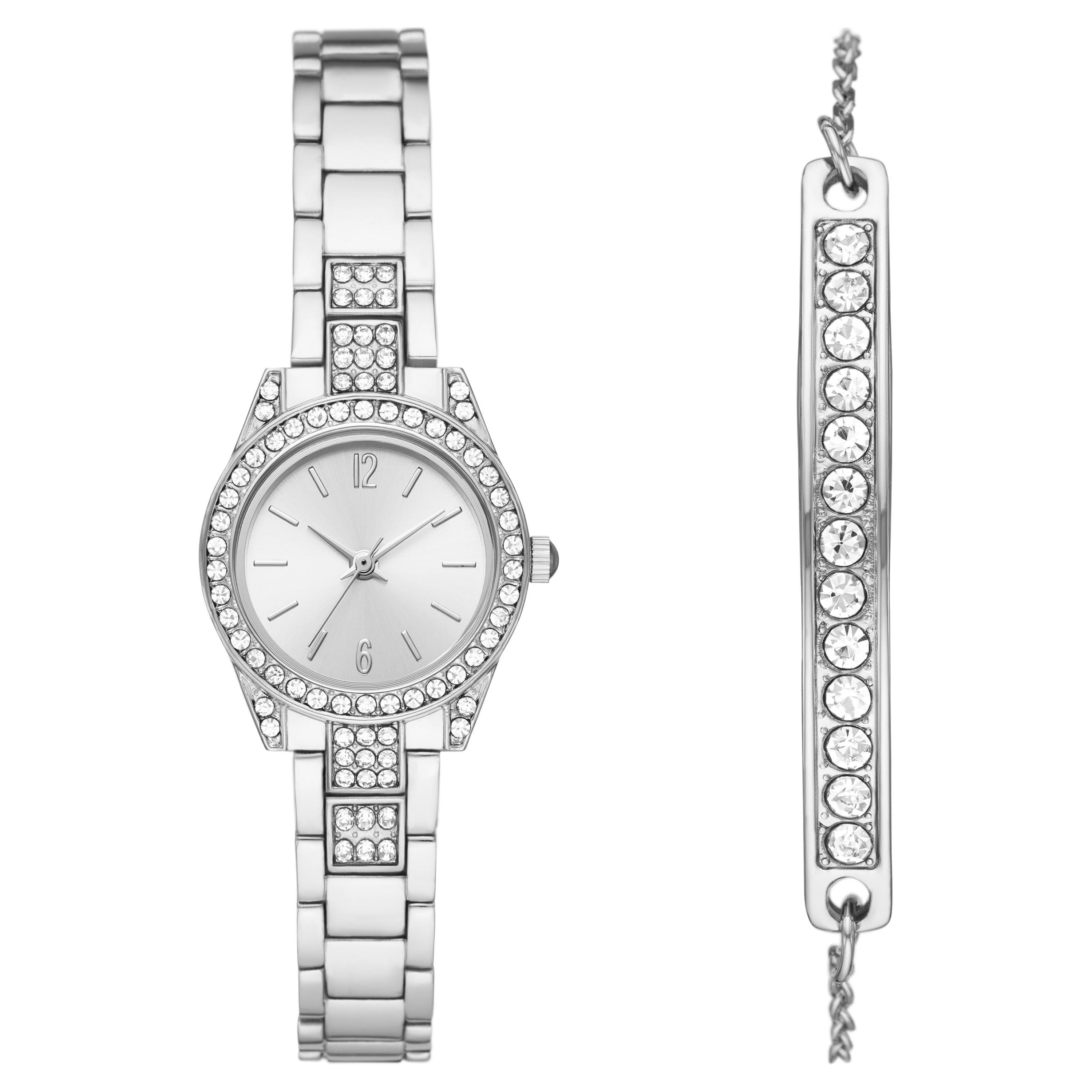 Time and Tru Women's Silver Tone Crystal Watch and Bracelet Set with 24 ...