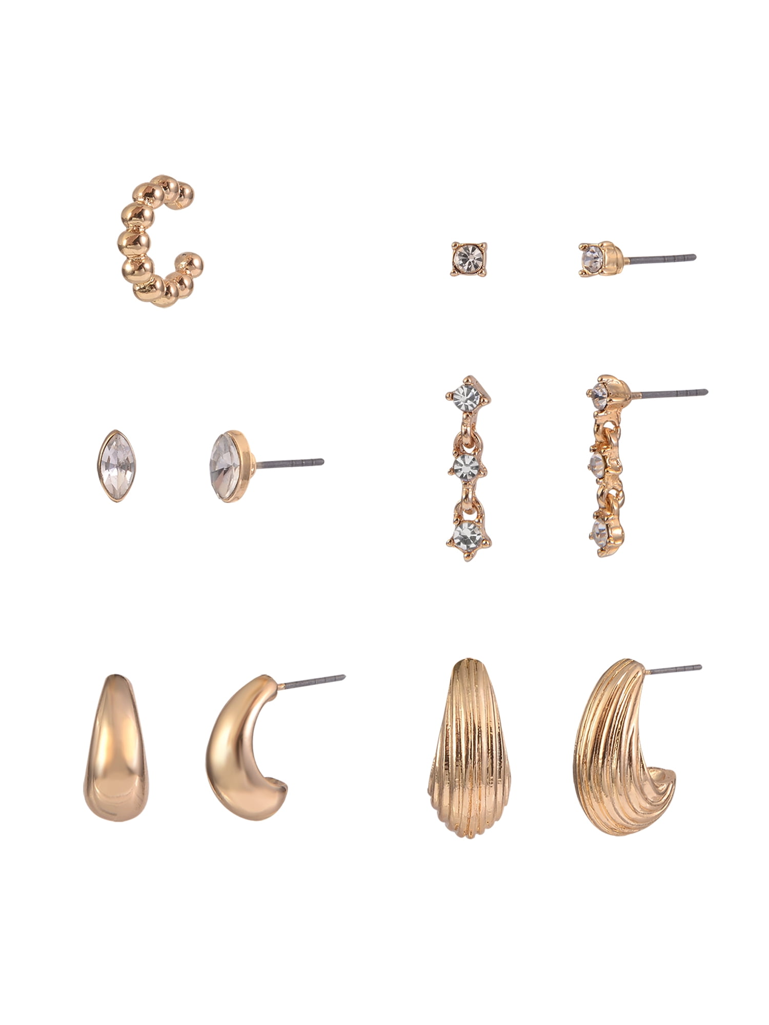 Time and Tru Adult Female Gold-Tone 5 Pair Crystal Stone Navette Hoop ...