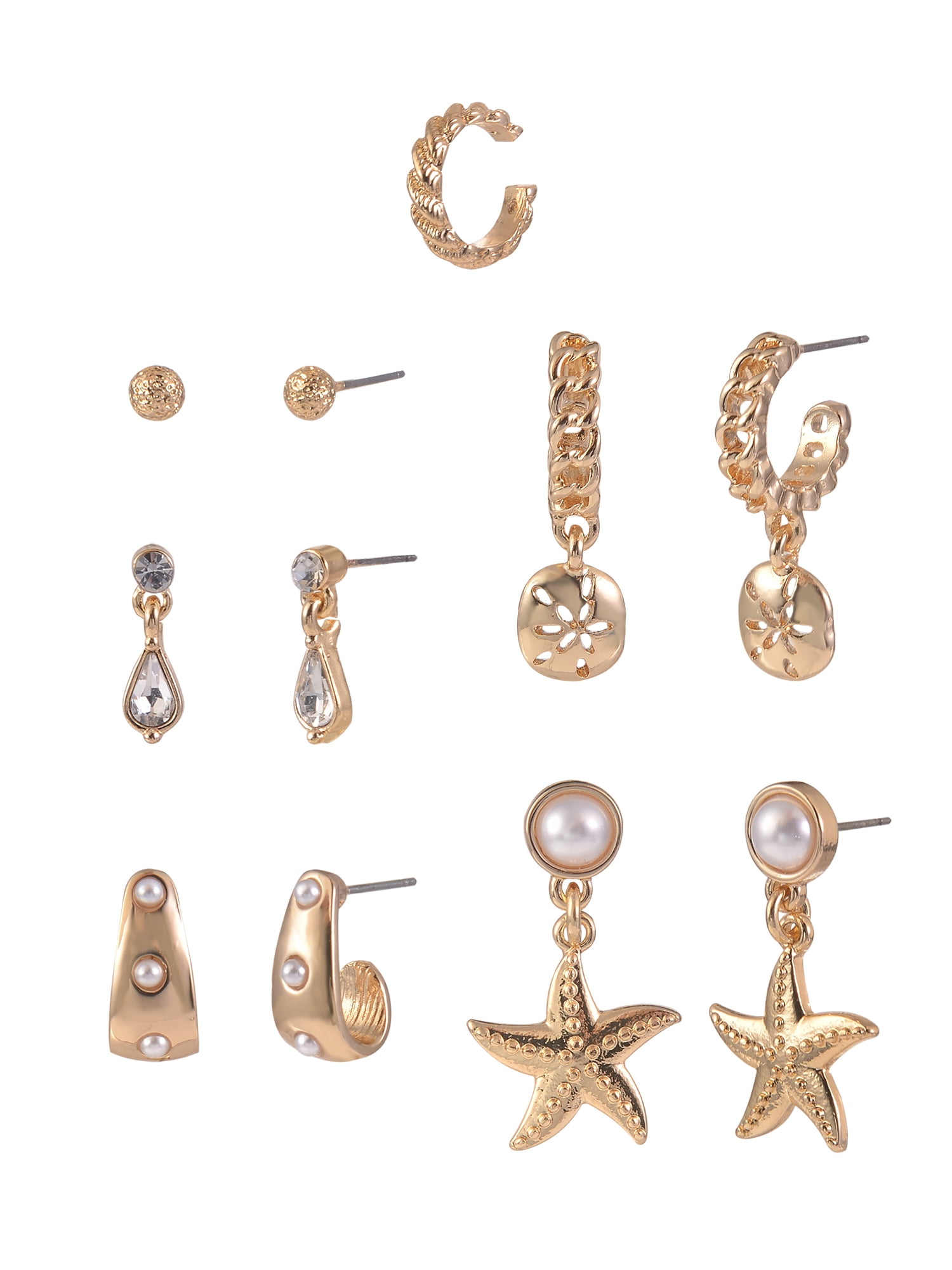 Time and Tru Women's Gold-Tone Metal Starfish and Acrylic Pearl Multi Earrings, 5 Pairs with Ear ...