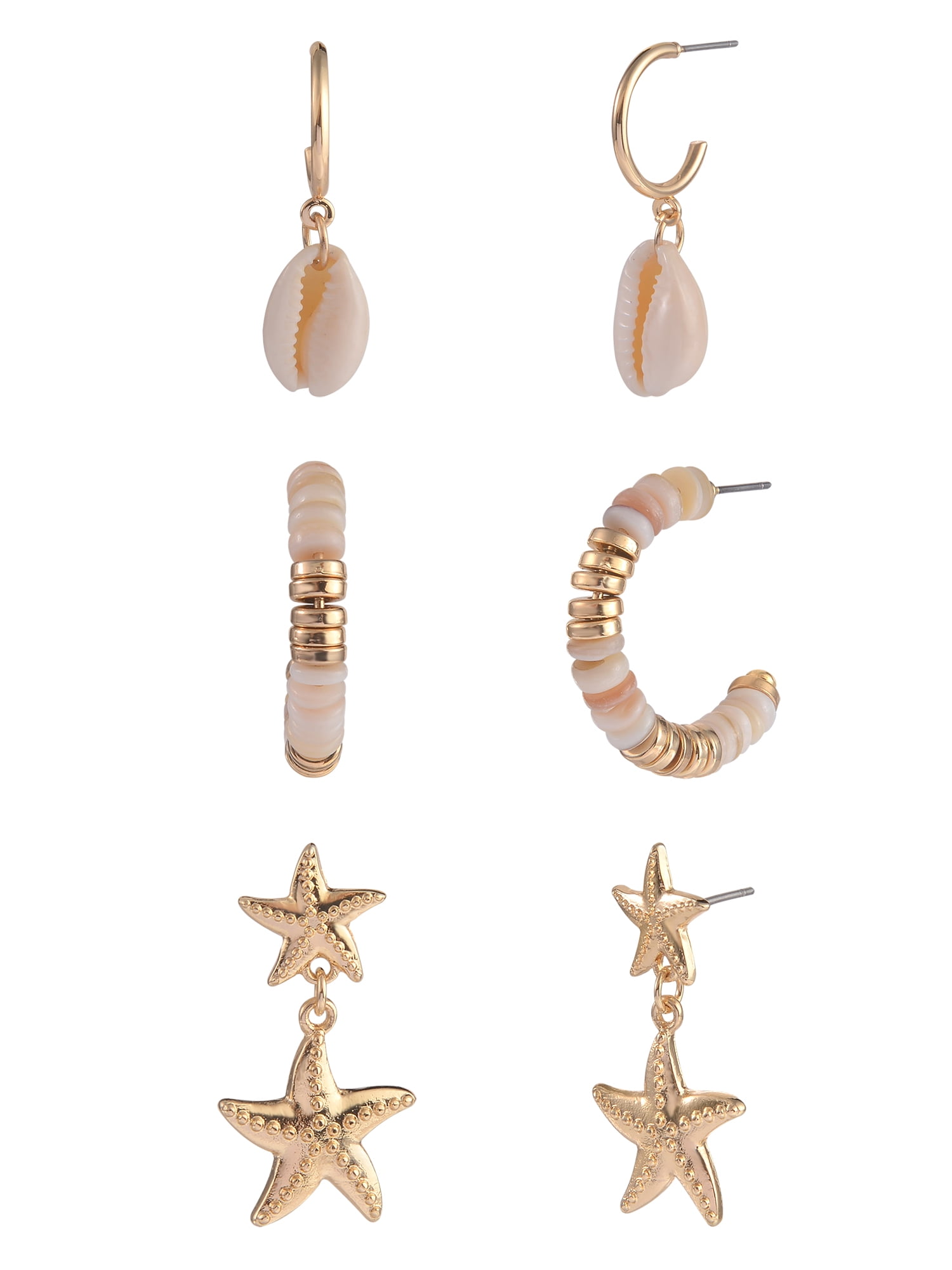 Time and Tru Gold-Tone Starfish Shell Beaded Multi Earring Set 3 Pairs ...