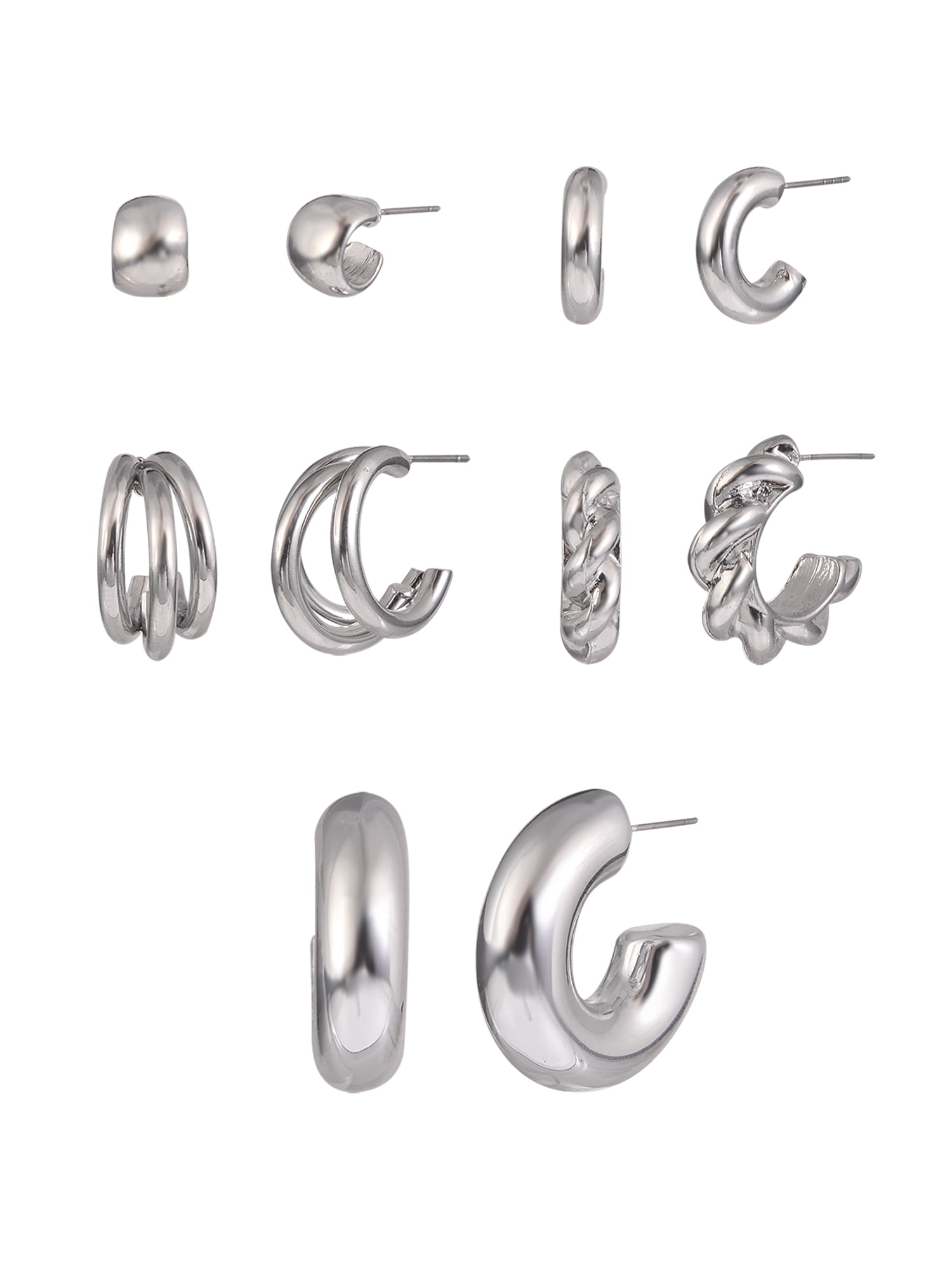 Time and Tru Silver-Tone 5 Pair Twisted Triple Hoop Stacker Earrings ...