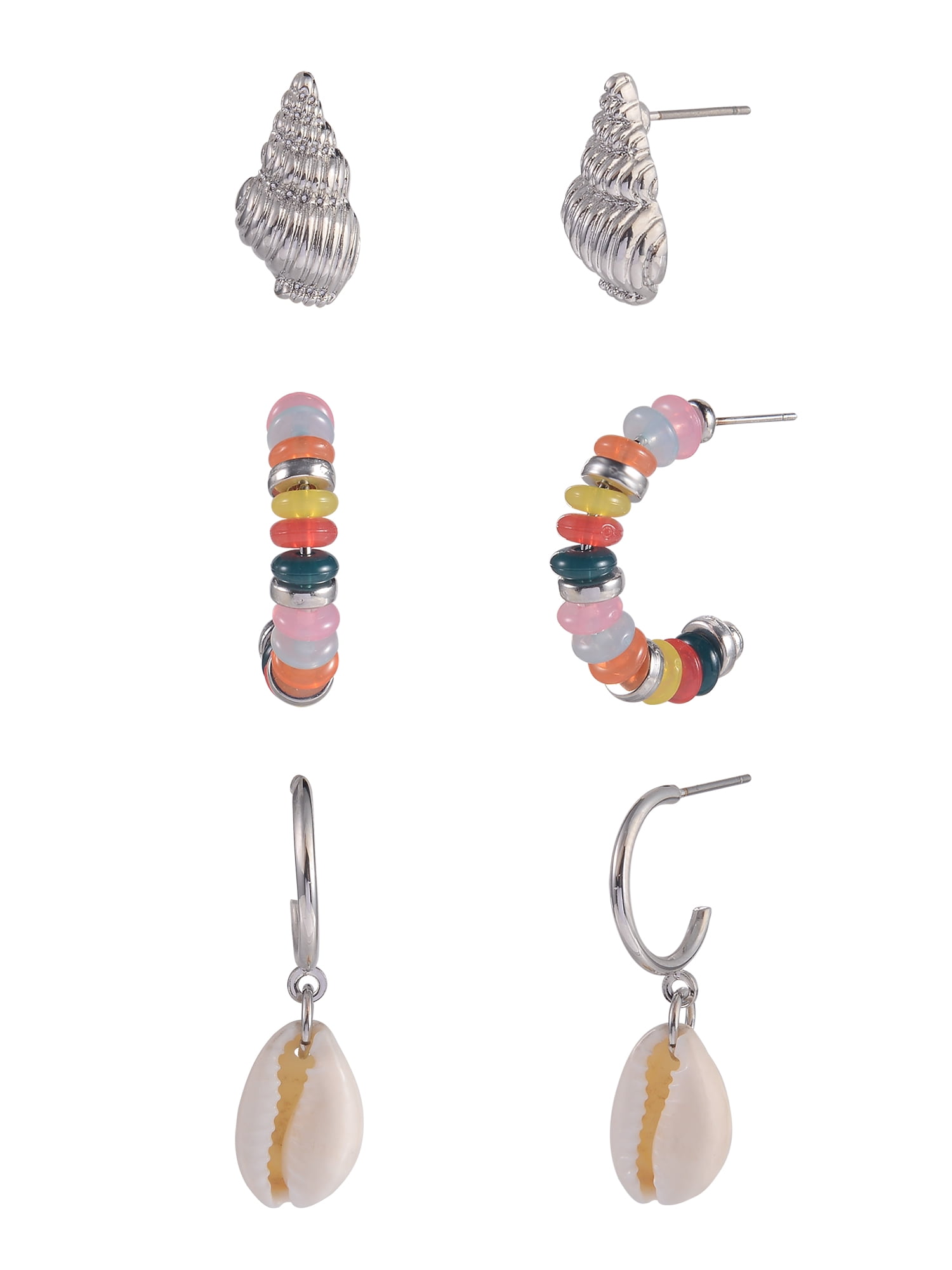 Time and Tru Silver-Tone Metal Shell Cowrie Beaded Multi Earring Set 3 ...