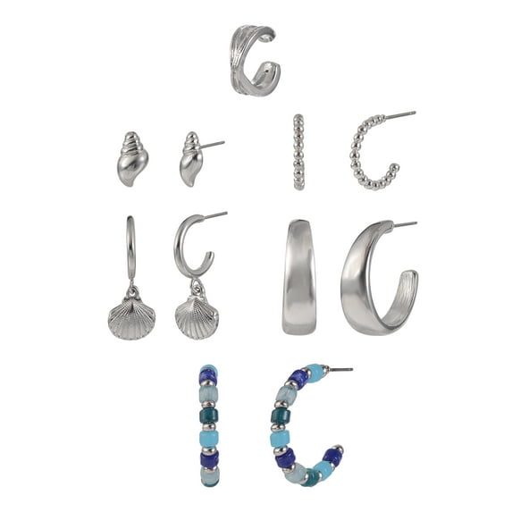 Time and Tru Silver-Tone Metal Shell and Textured Hoop Earring Set with ...