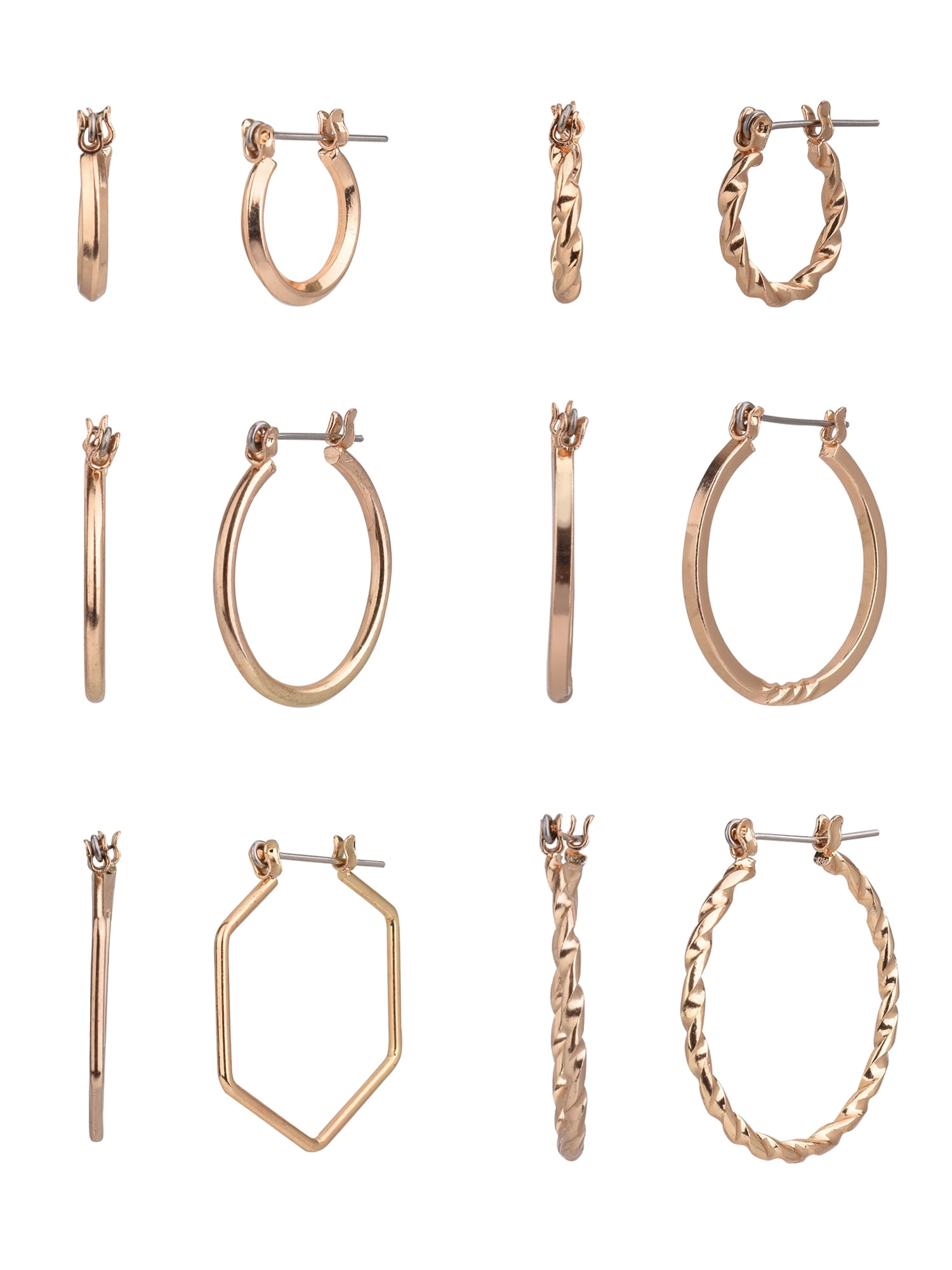 Time and Tru Women's 6 Pair Gold Tone Metal Hoop Earring Set with ...