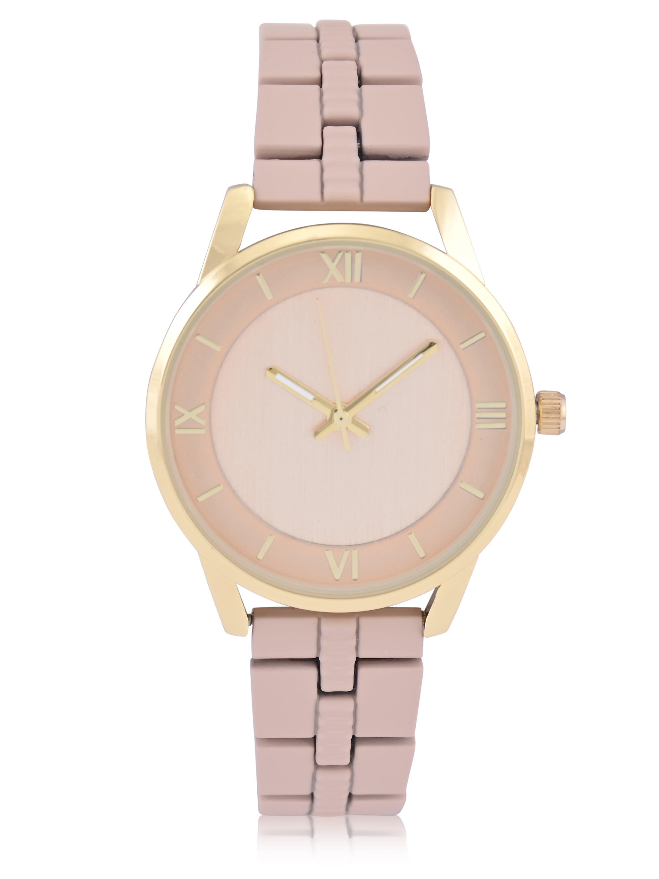 Time and Tru Ladies Light Pink Faux Ceramic Link Watch with Gold-Tone Case and Roman Numerals ...