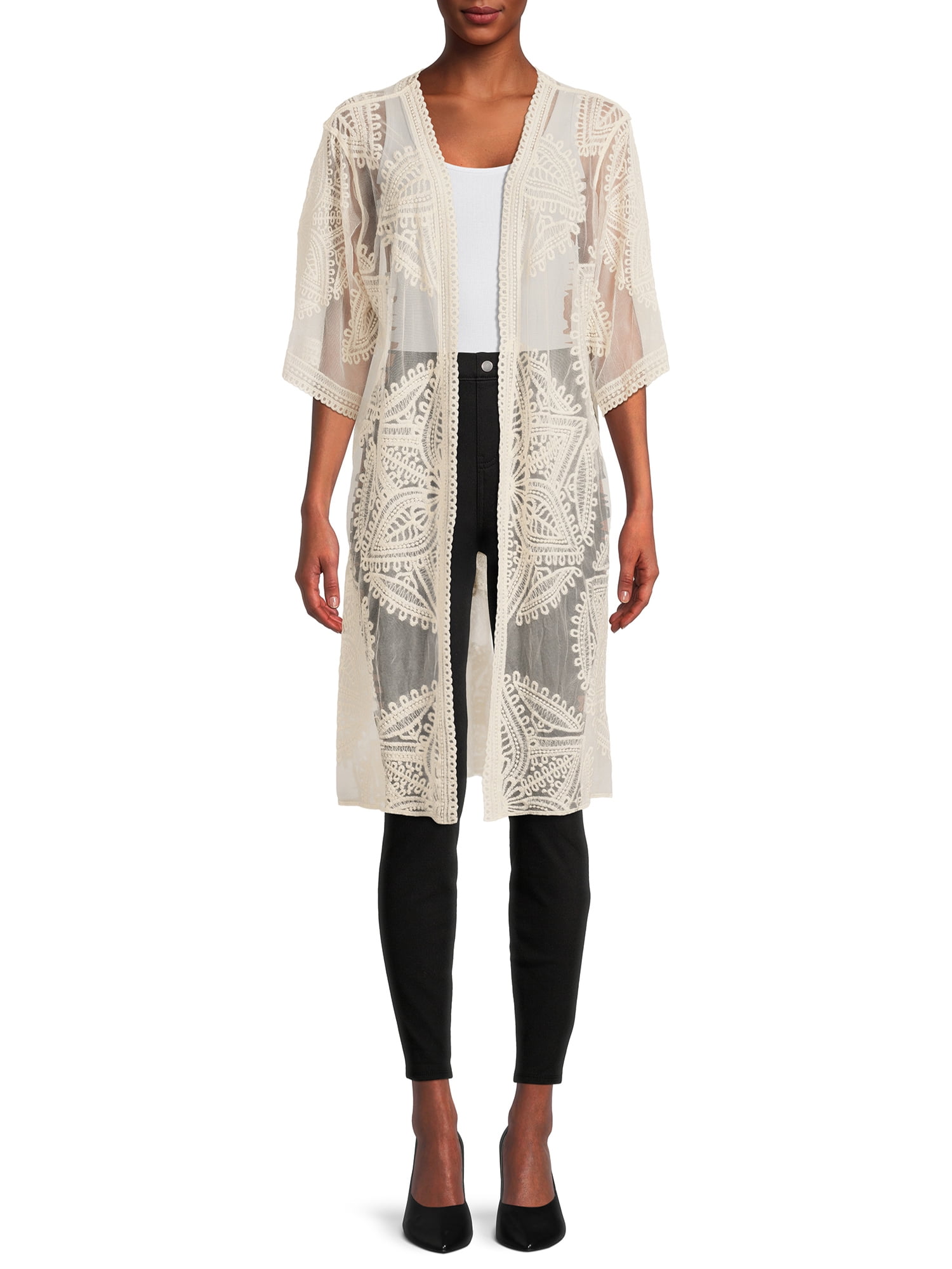 Time and Tru Lace Kimono - Ivory Layering Piece for Women - Walmart.com