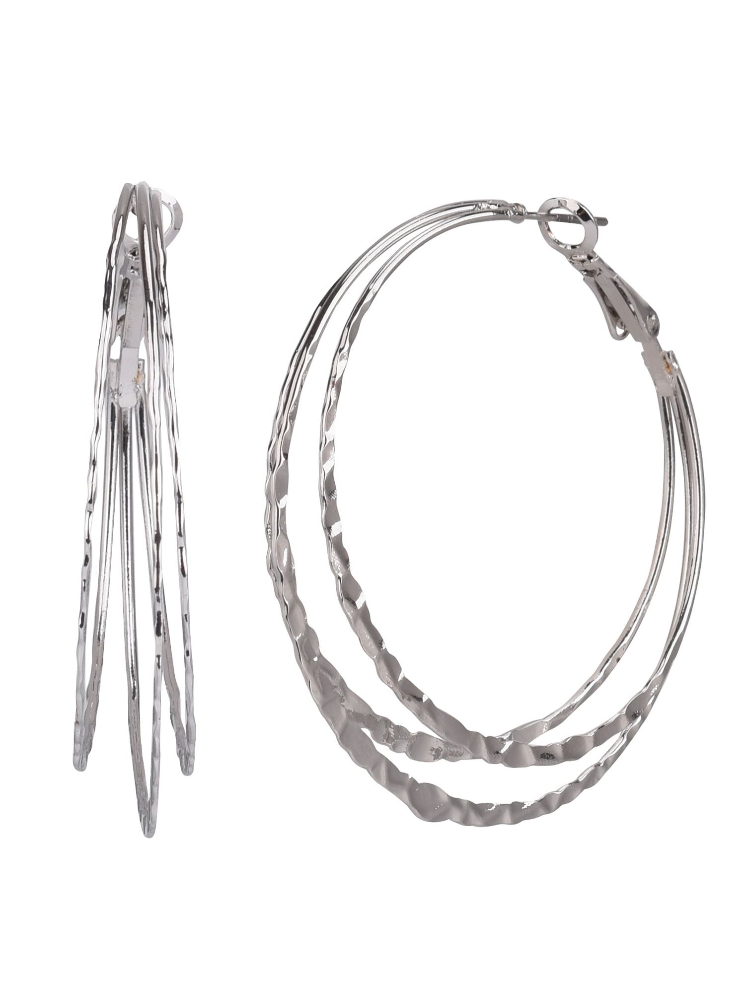 Time and Tru Silver Tone Double Layer Hammered Metal Hoop Earrings for ...