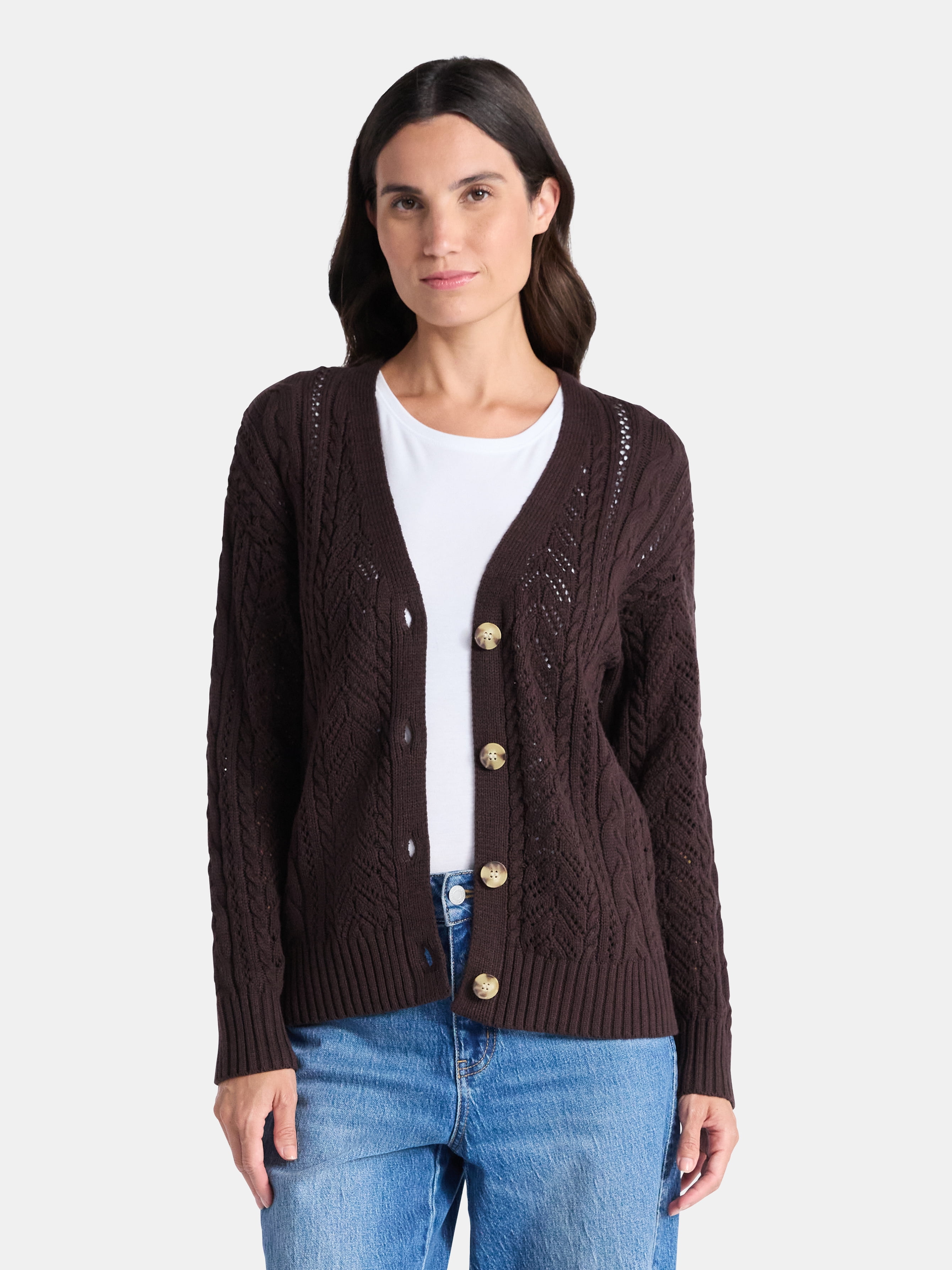Time and Tru Women’s Boyfriend Cable Knit Cardigan, Size XS-3XL ...