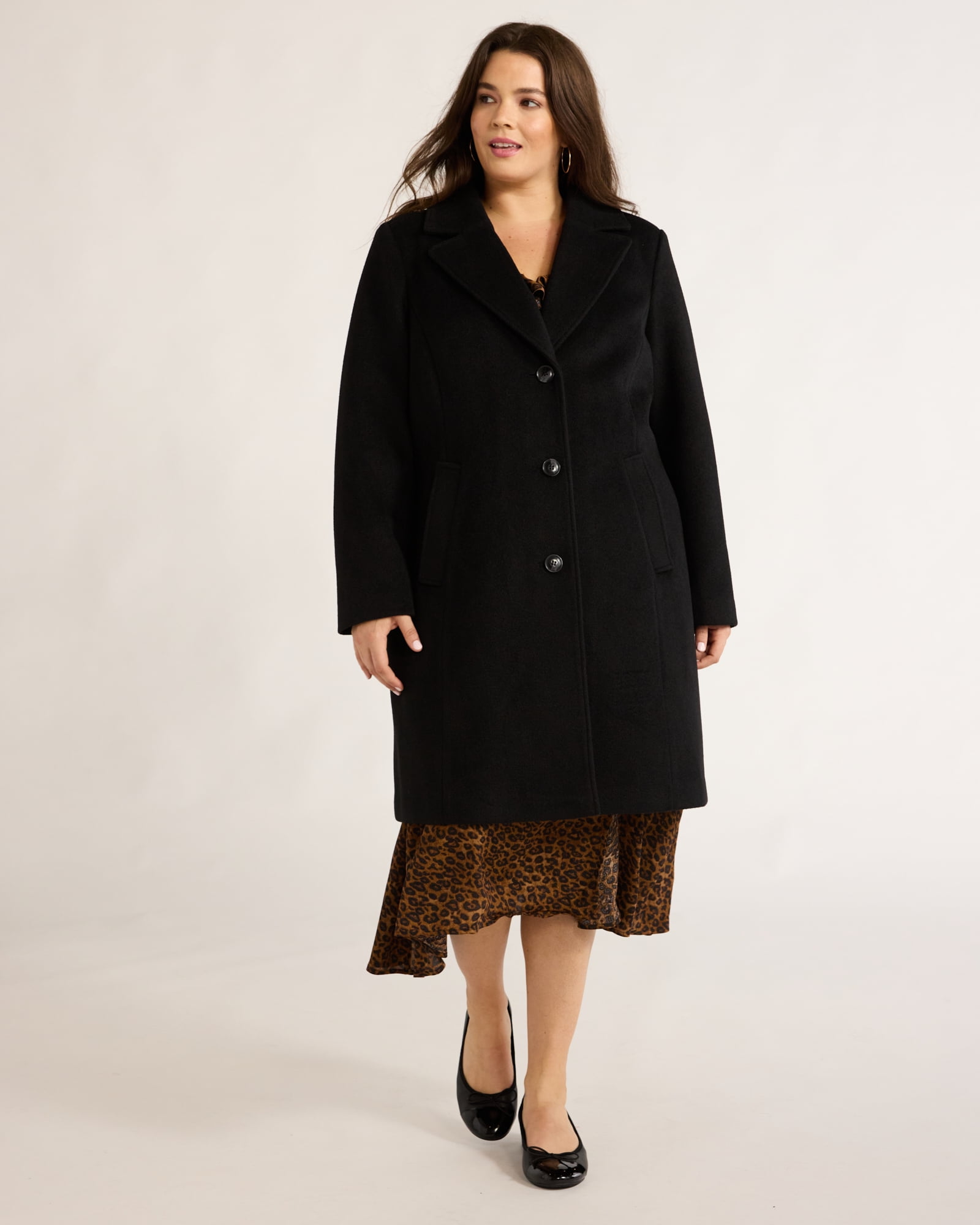 Time and Tru Women's and Women's Plus Faux Wool Solid Button Front Coat ...