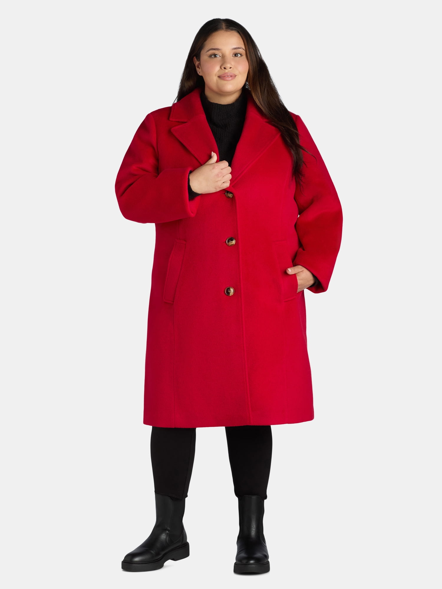 Time and Tru Women's and Women's Plus Faux Wool Solid Button Front Coat ...